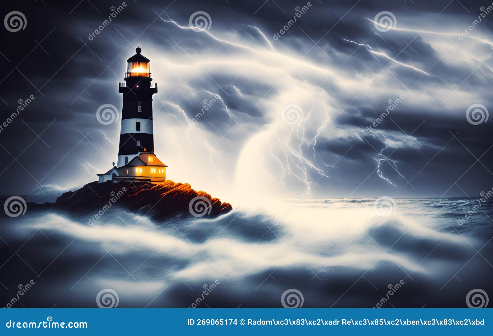 Lighthouse on the Rock in Heavy Storm. Generative Al Illustration Stock ...