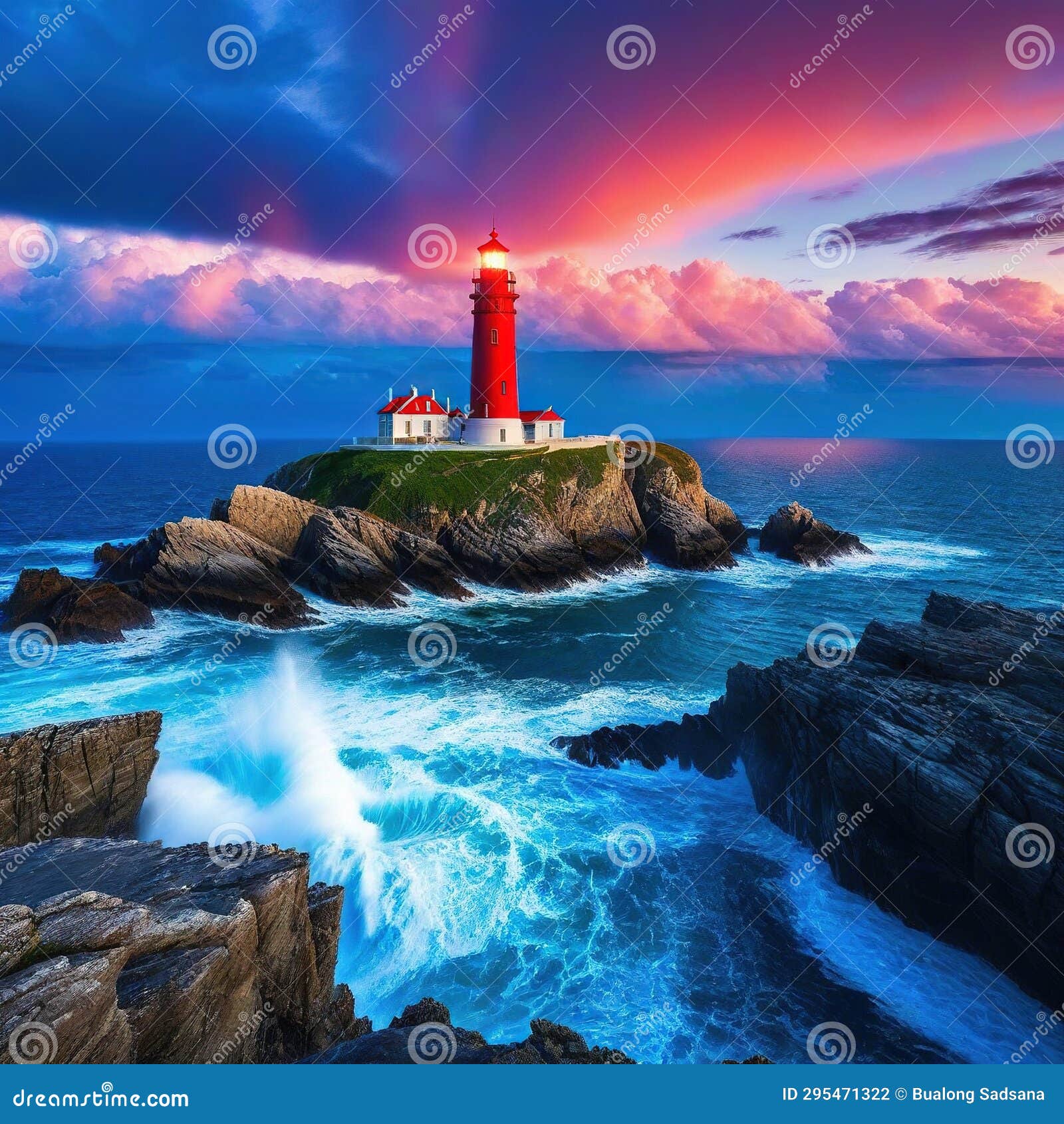 Lighthouse on Rock in the Middle of Stock Illustration - Illustration ...