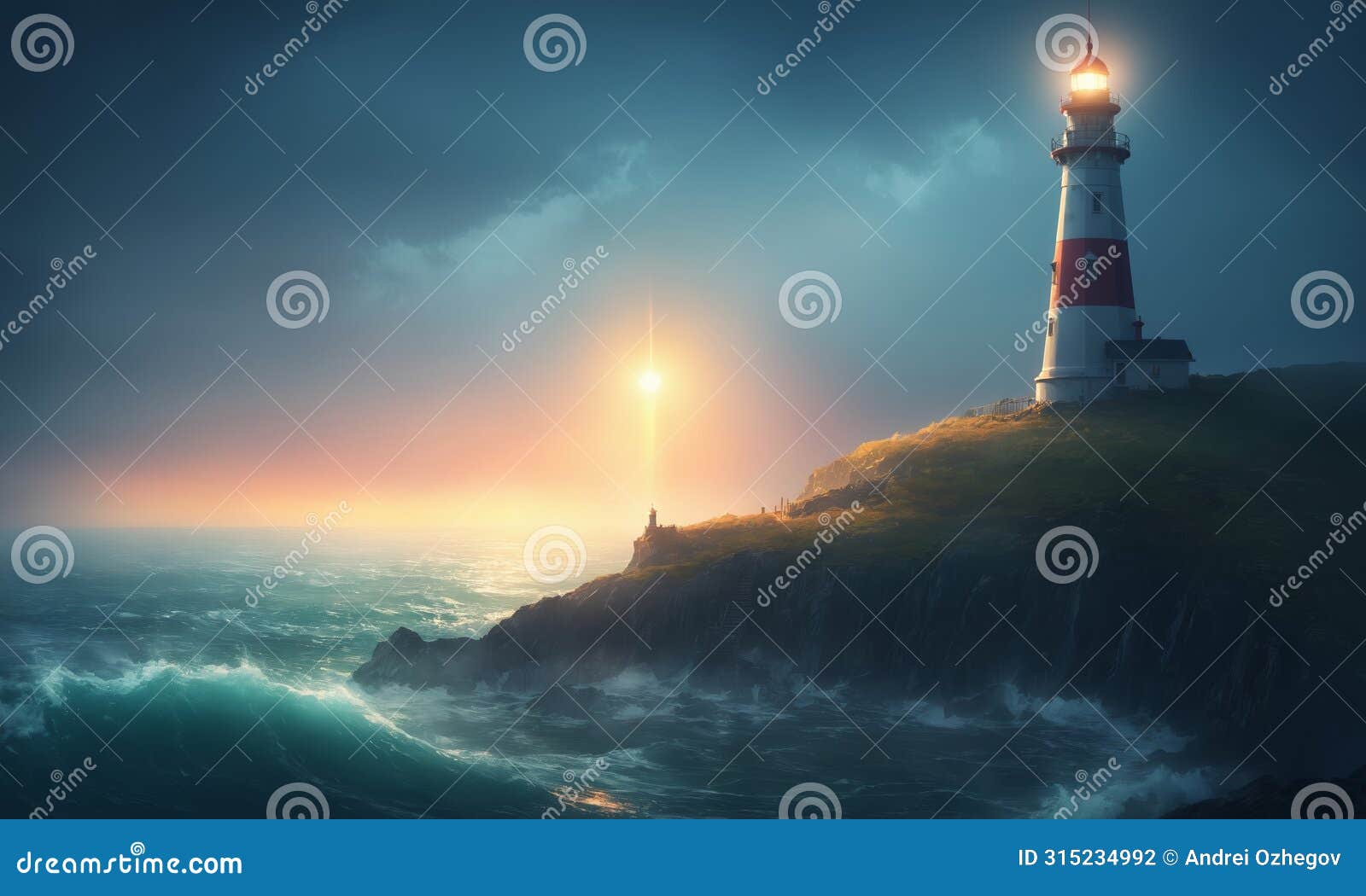 Lighthouse on the Rock at Night, Illustration. Stock Photo - Image of ...