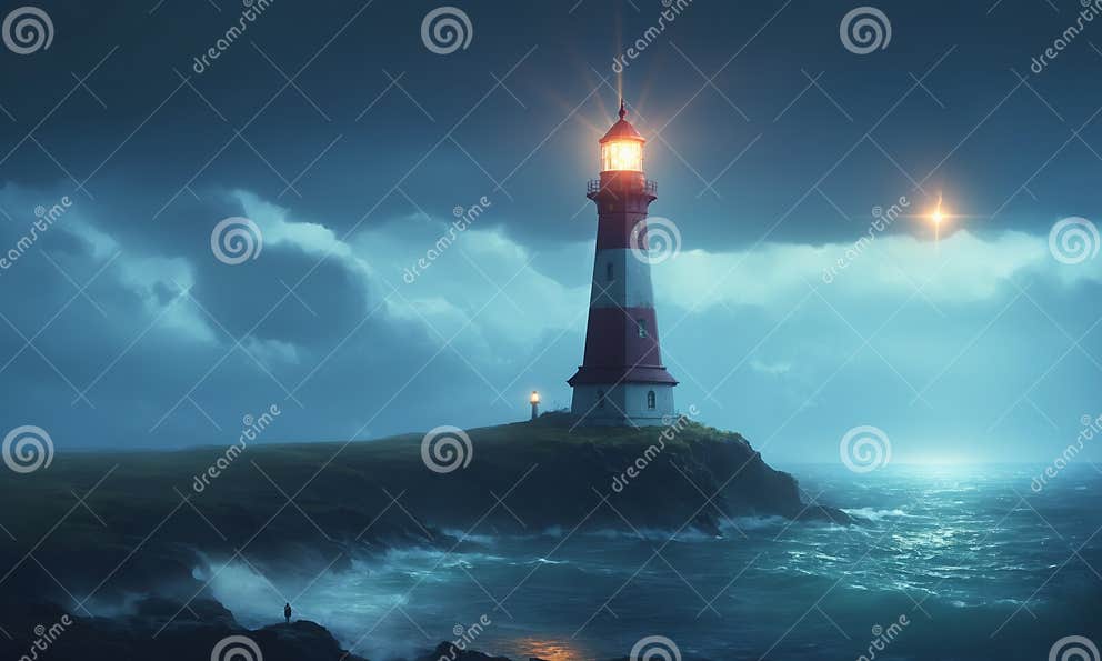 Lighthouse on the Rock at Night, Illustration. Stock Photo - Image of ...