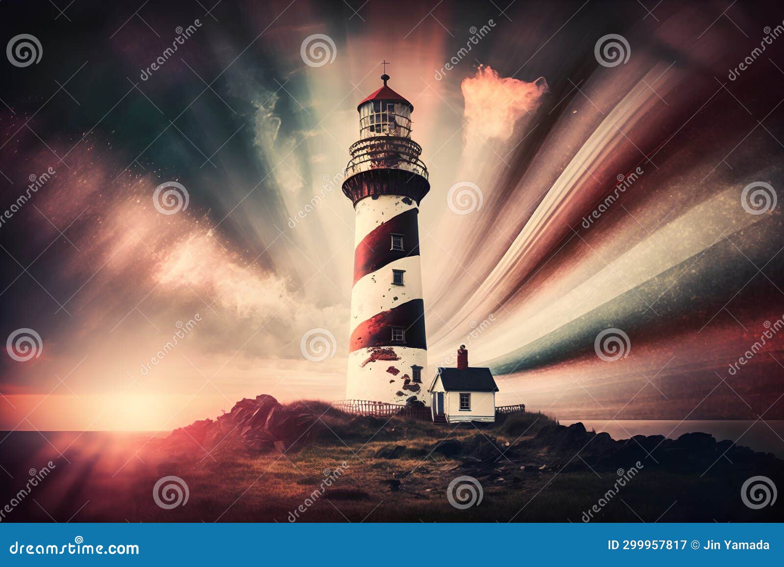 Lighthouse on the Rock with Rays of Light Coming from the Sea Stock ...