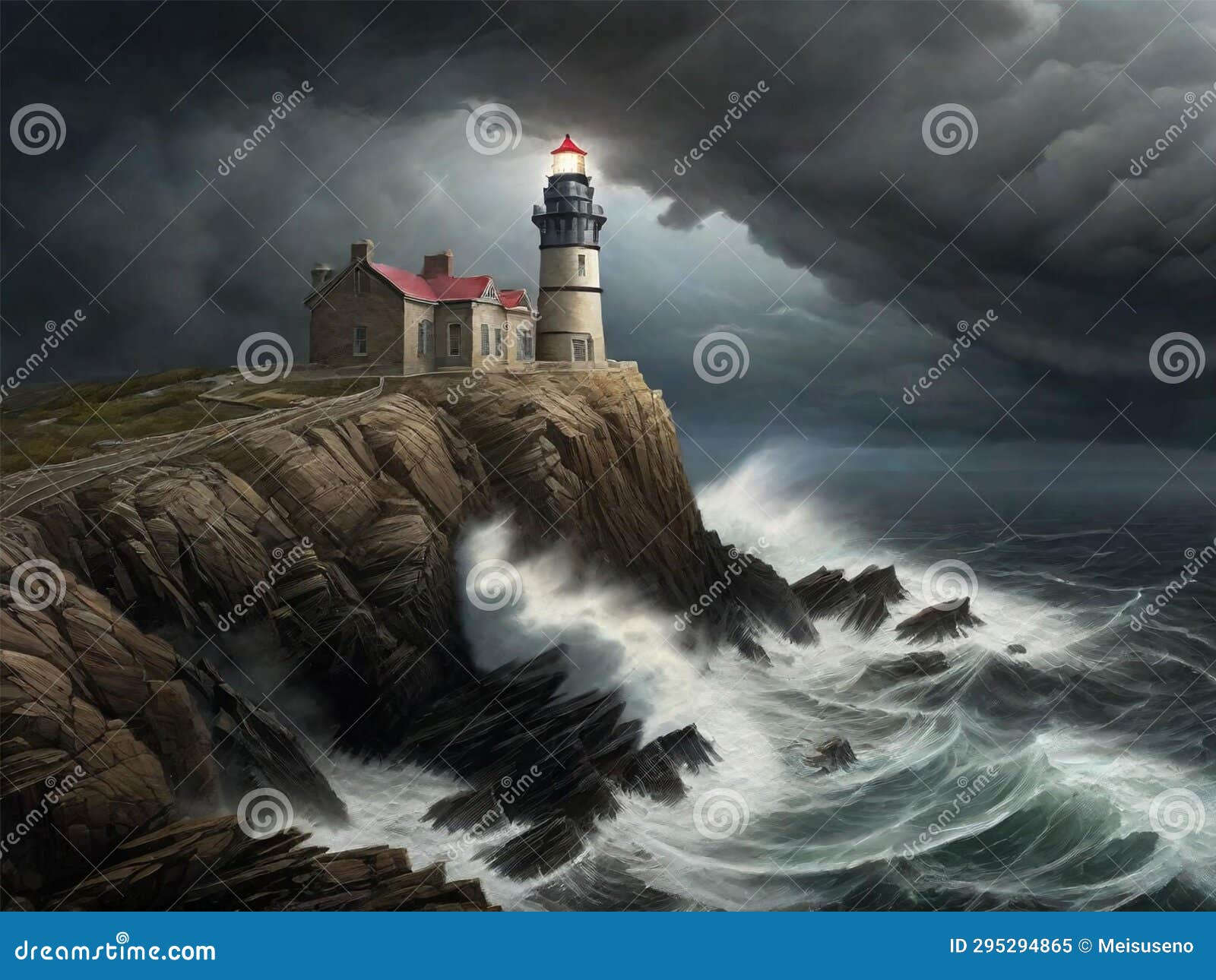 Lighthouse on Rocky Cliff in Storm Illustration Stock Illustration ...