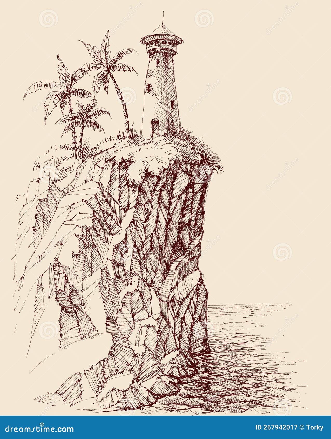 Lighthouse on Rocky Sea Shore Hand Drawing Stock Illustration ...