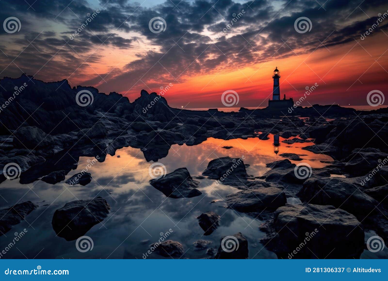 Lighthouse and Rocky Shore Silhouettes during Twilight Stock ...