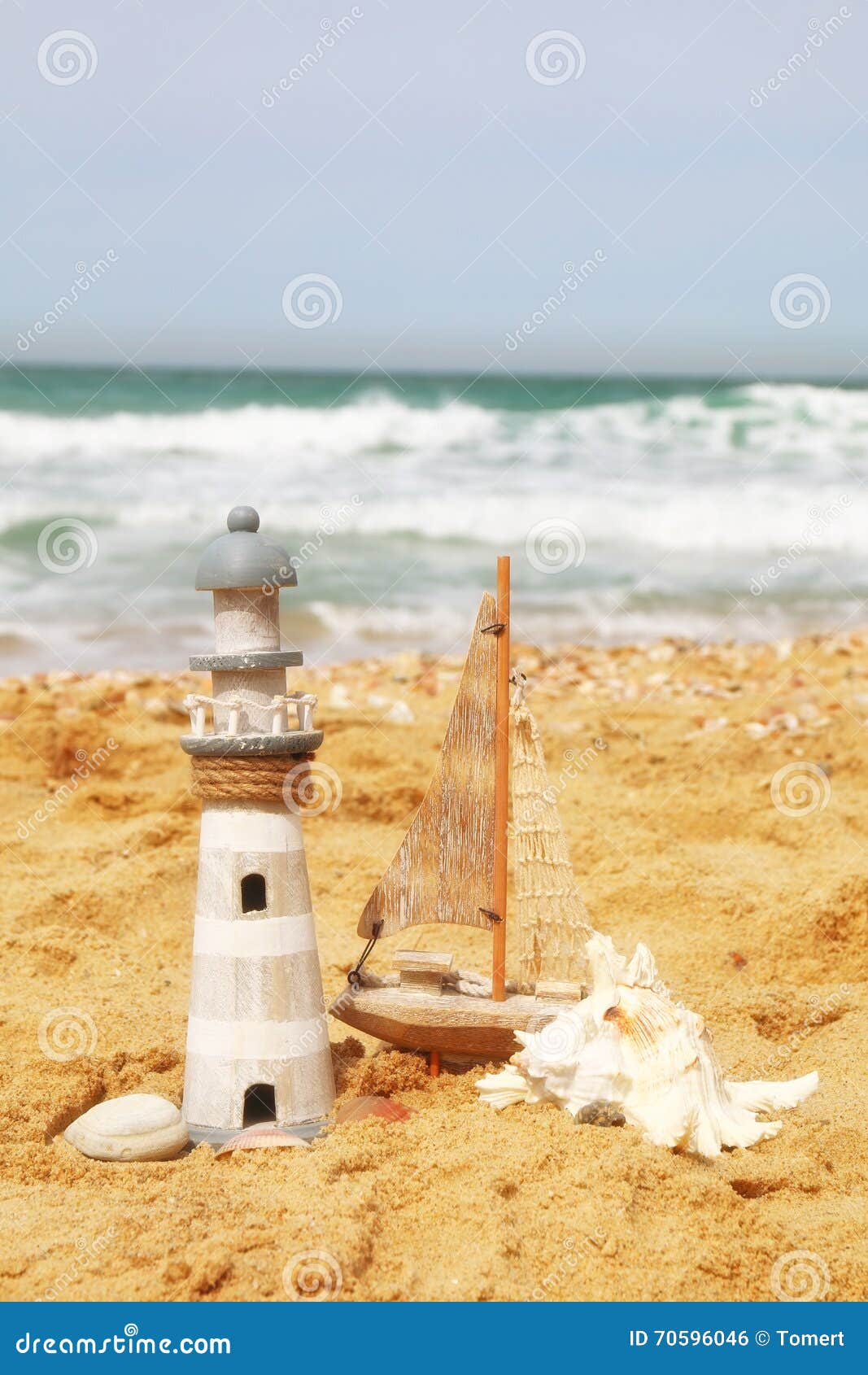 Lighthouse, Sailboat on Sea Sand and Ocean Horizon. Stock Photo - Image ...