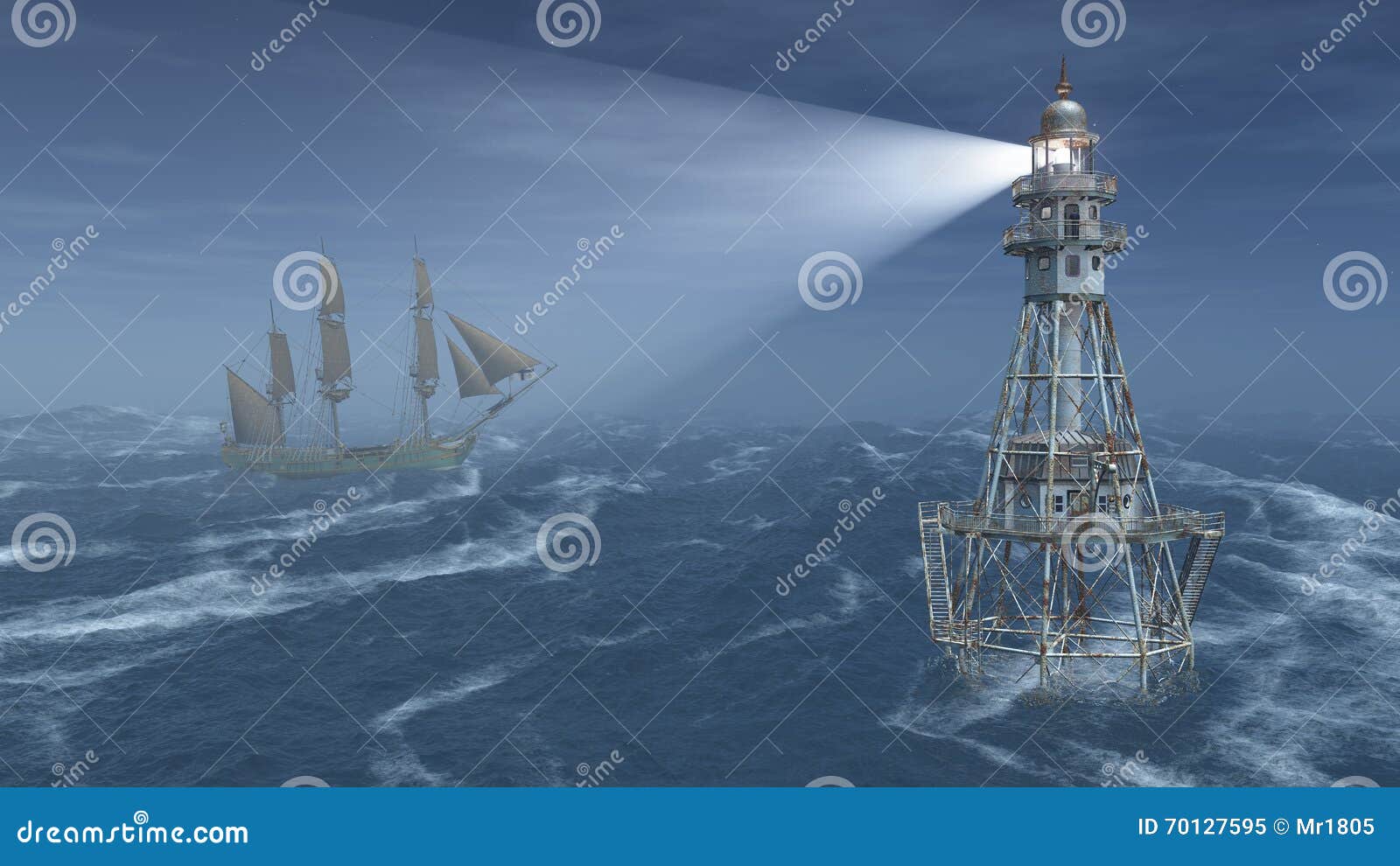 Lighthouse and Sailing Ship at Night Stock Illustration - Illustration ...