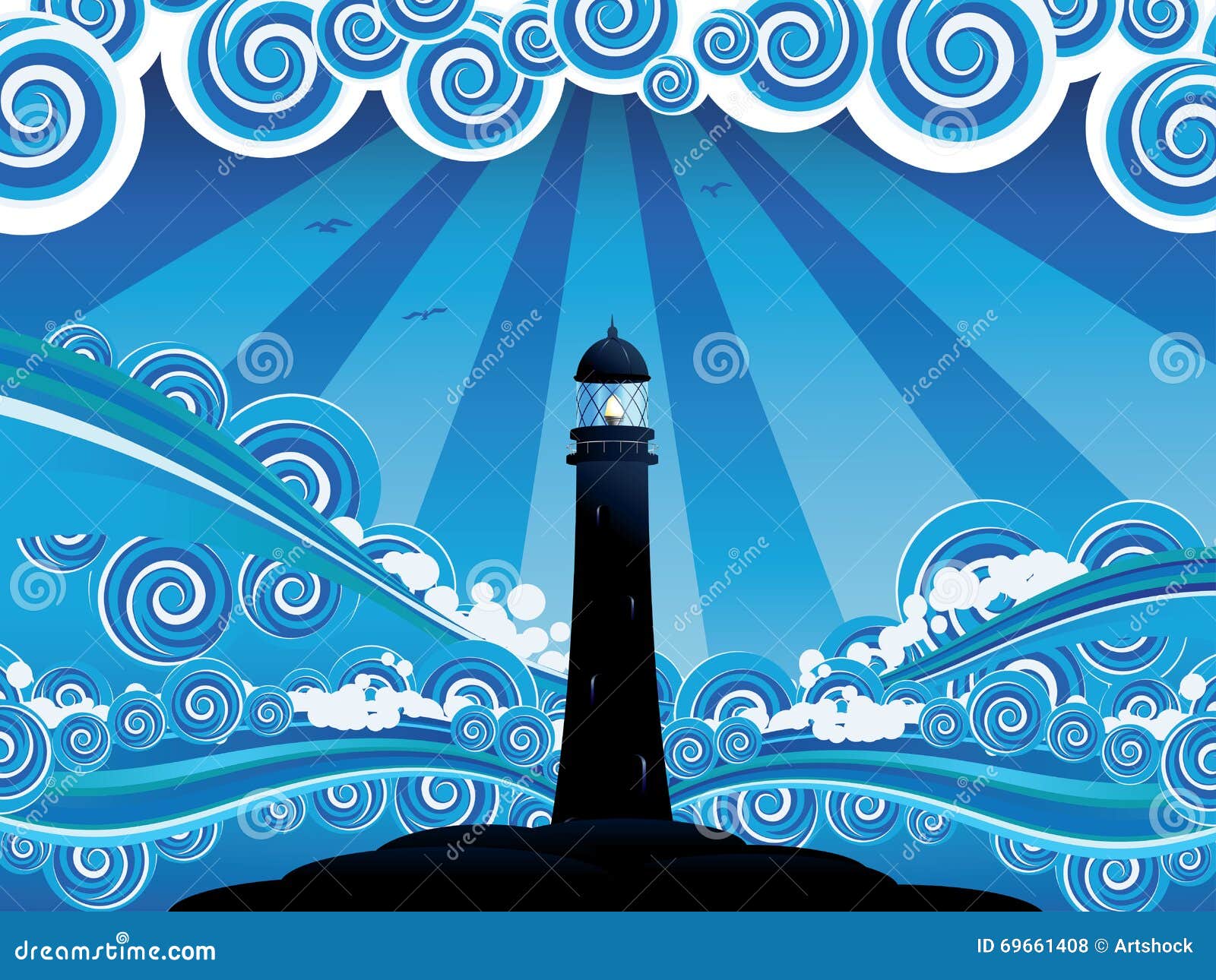 Lighthouse in the Sea stock vector. Illustration of night - 69661408