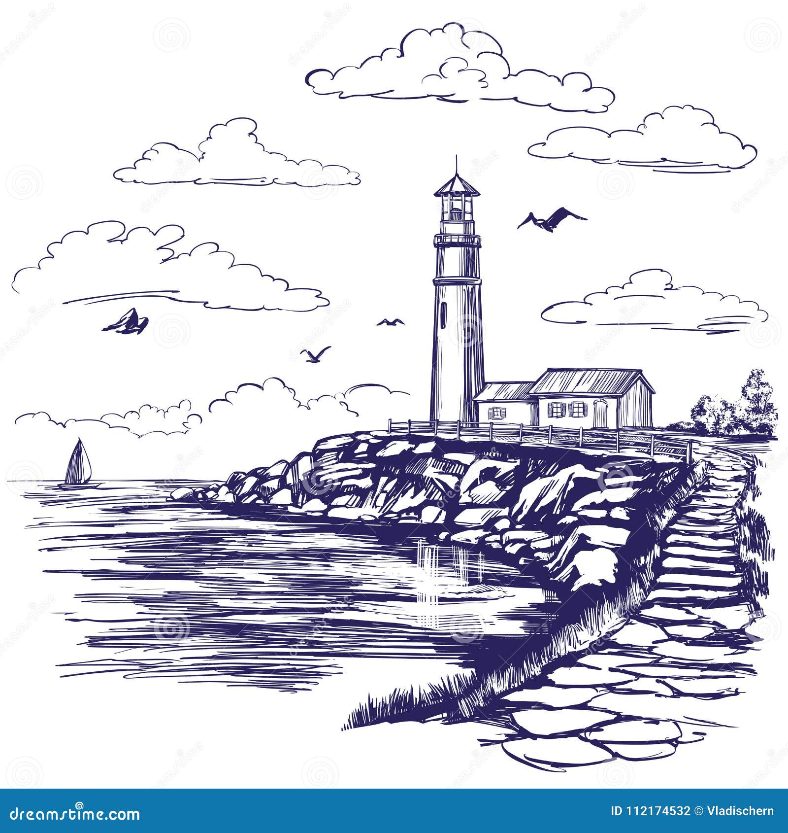 Lighthouse and Sea Landscape Hand Drawn Vector Illustration Sketch ...