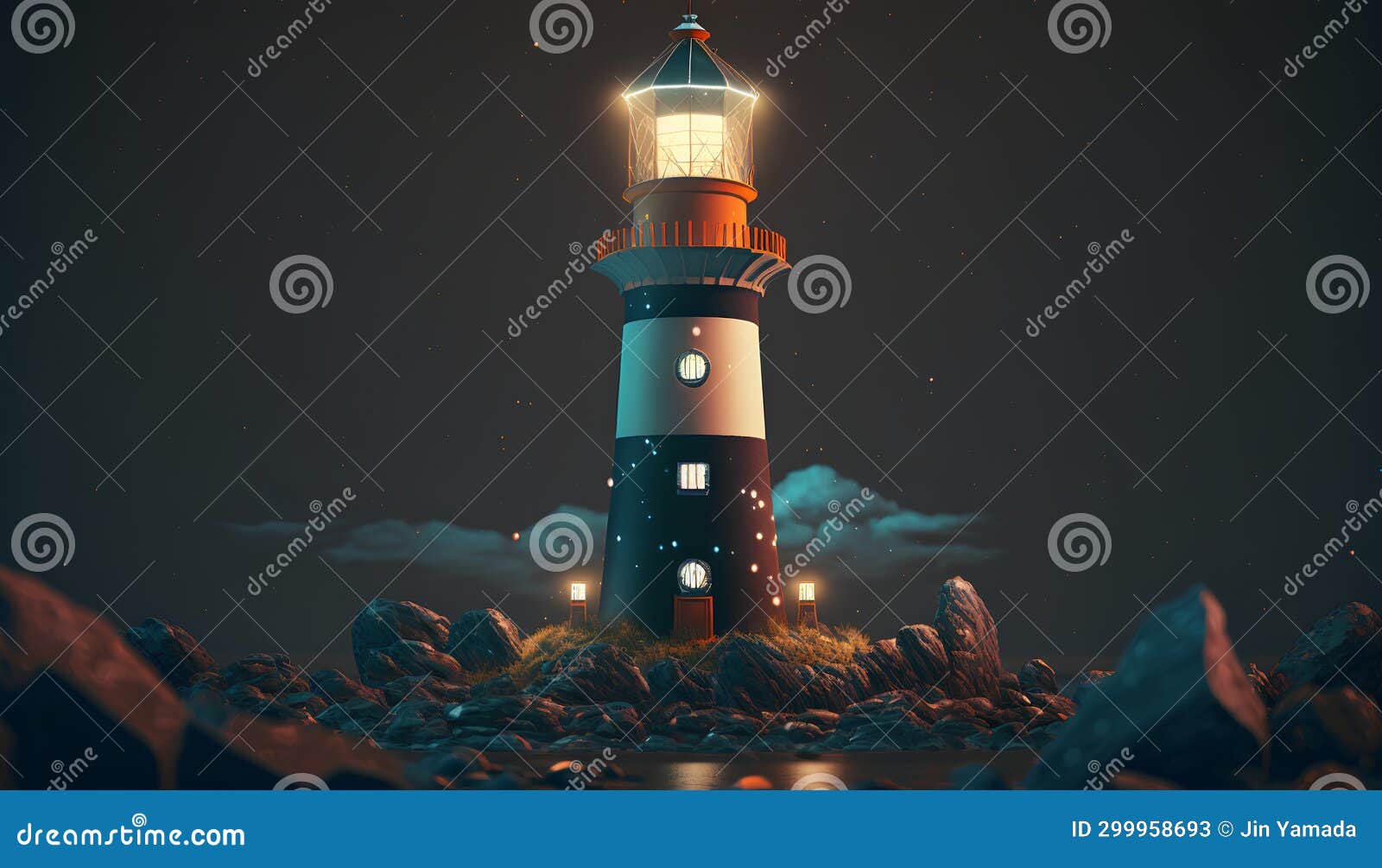 Lighthouse in the Sea at Night. 3d Render Illustration Stock ...