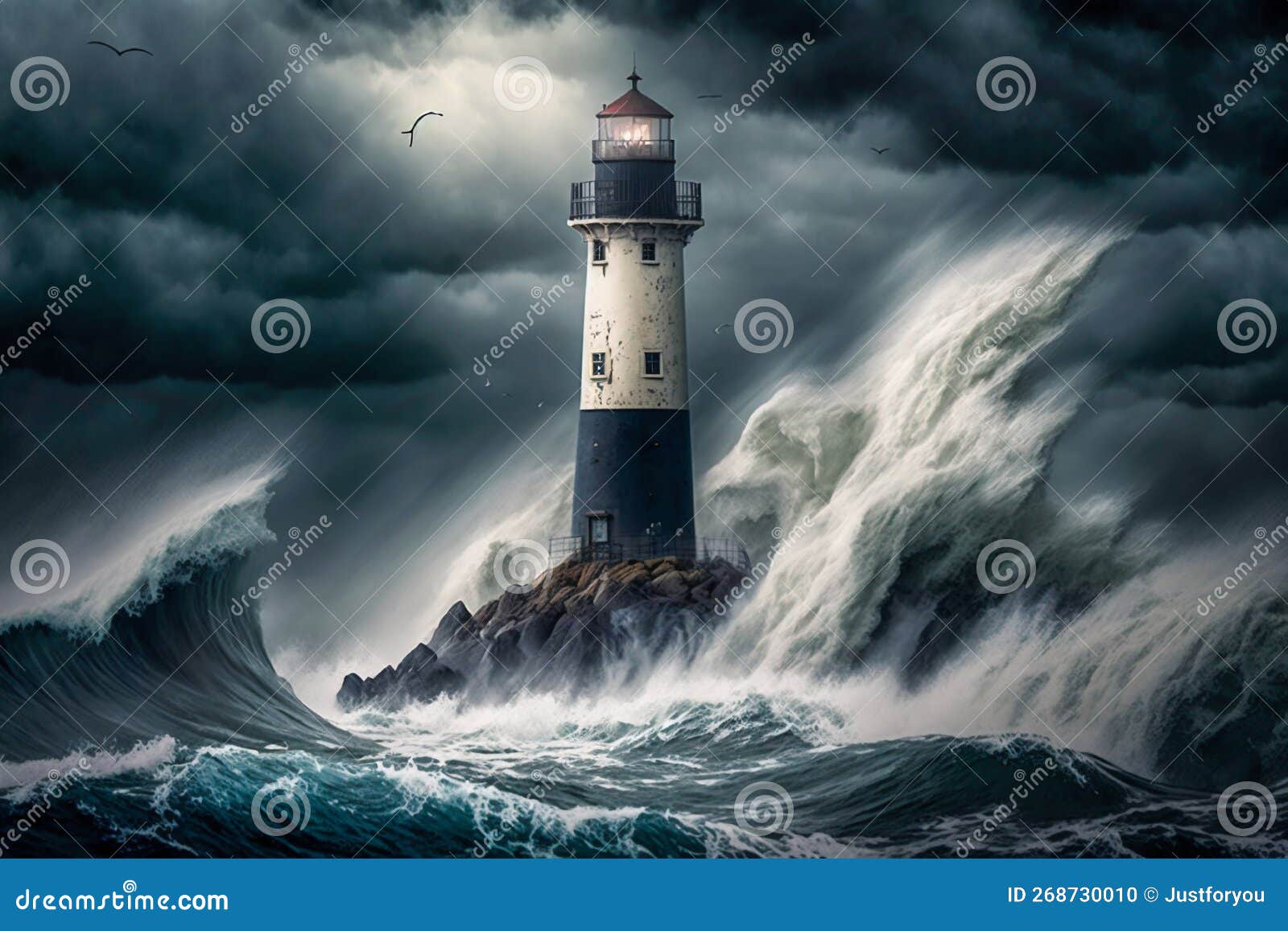 Lighthouse in the Sea Storm with Big Waves. Generative AI Stock ...