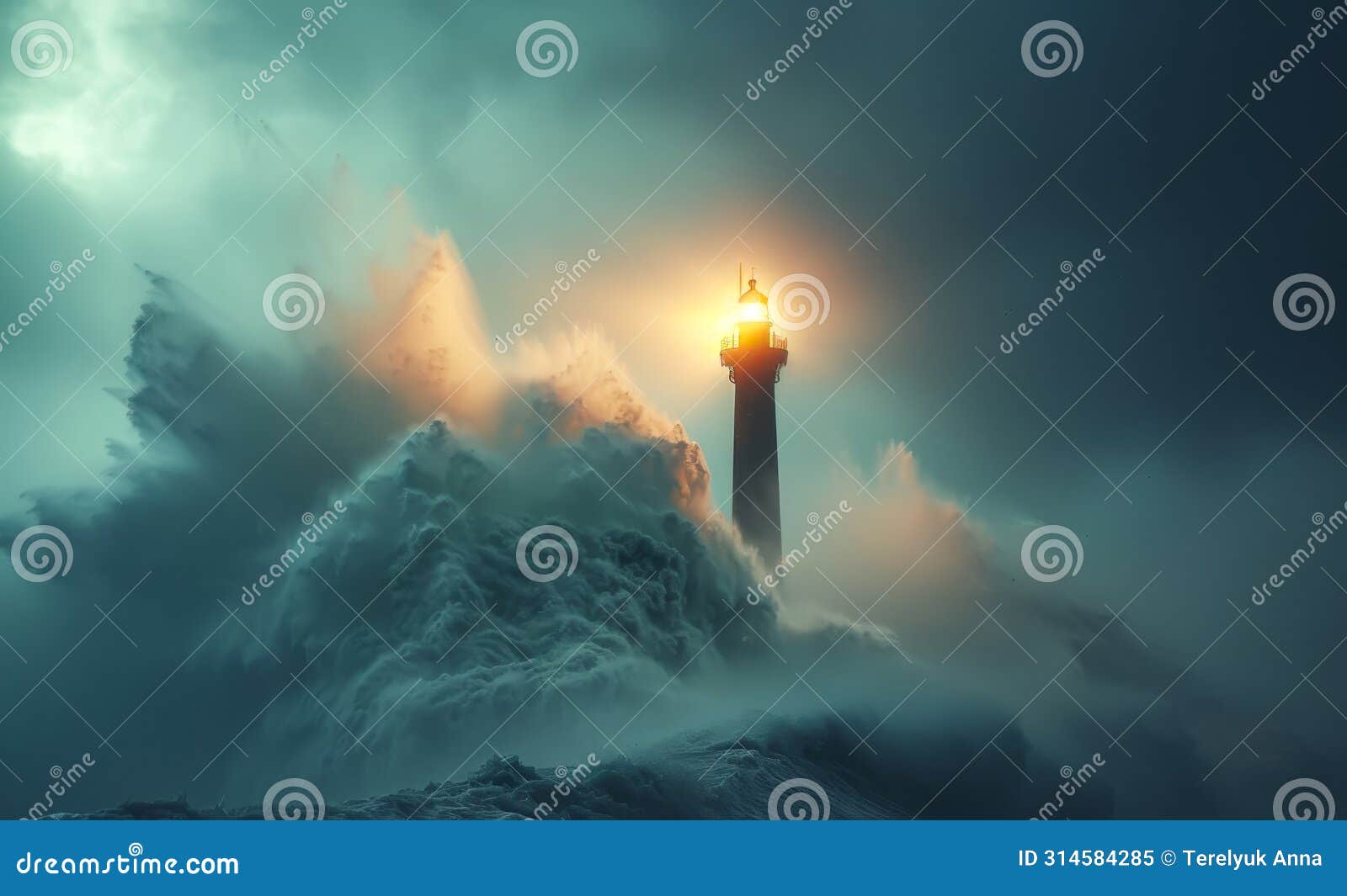 Lighthouse on the Sea Under Sky. Lighthouse Hit by Huge Wave Stock ...