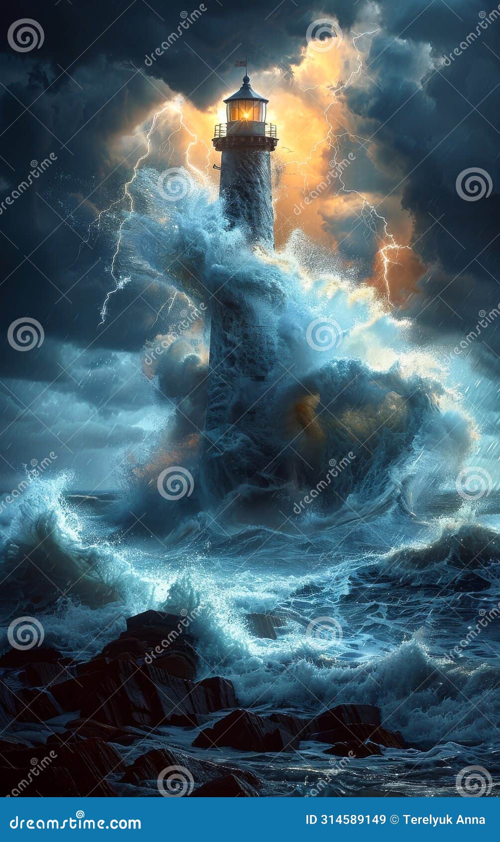 Lighthouse on the Sea Under Sky. Lighthouse Hit by Huge Wave Stock ...