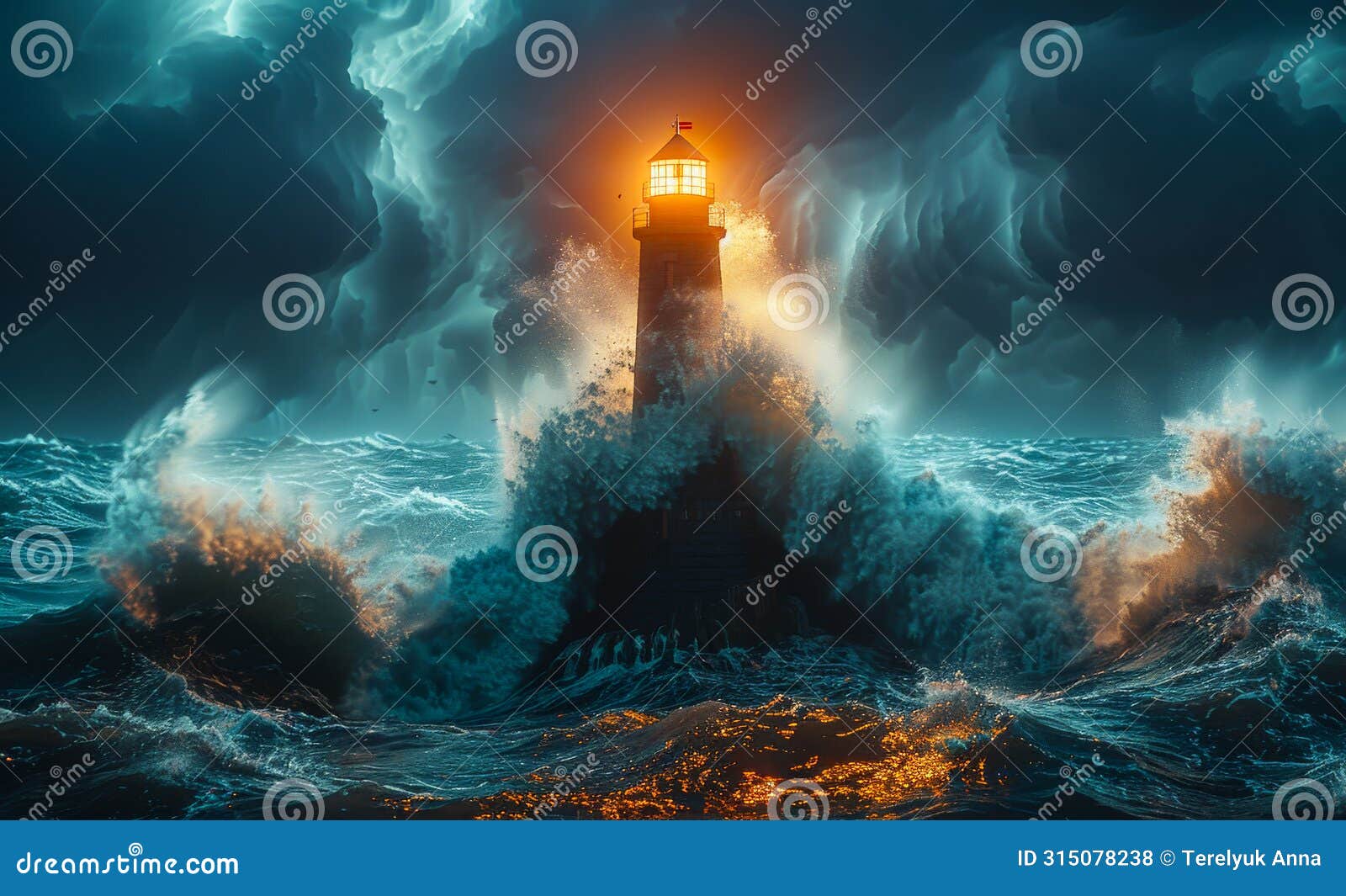 Lighthouse on the Sea Under Sky. Lighthouse Hit by Huge Wave Stock ...