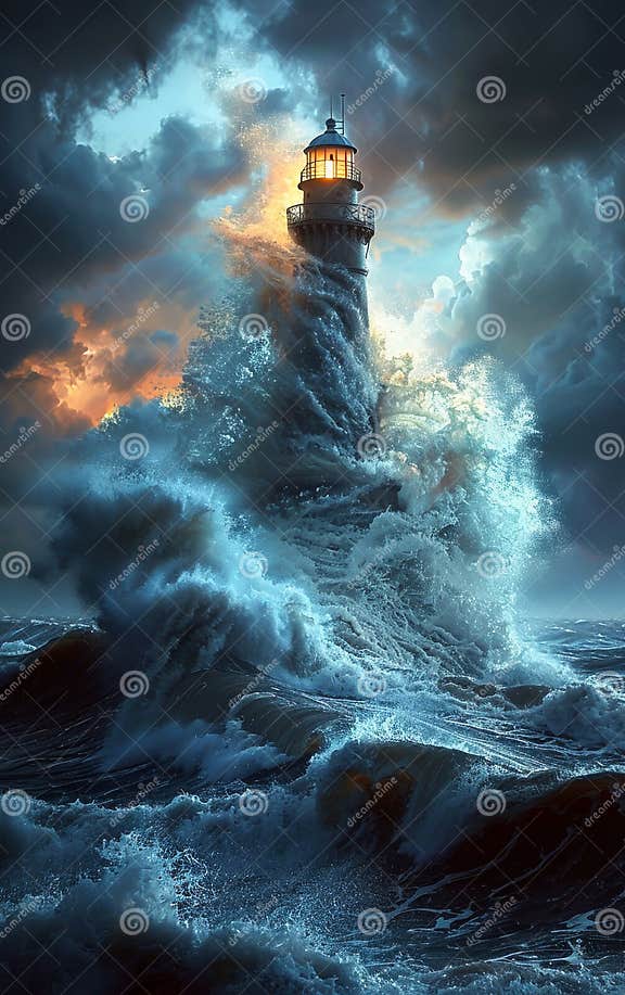 Lighthouse on the Sea Under Sky. Lighthouse Hit by Huge Wave Stock ...