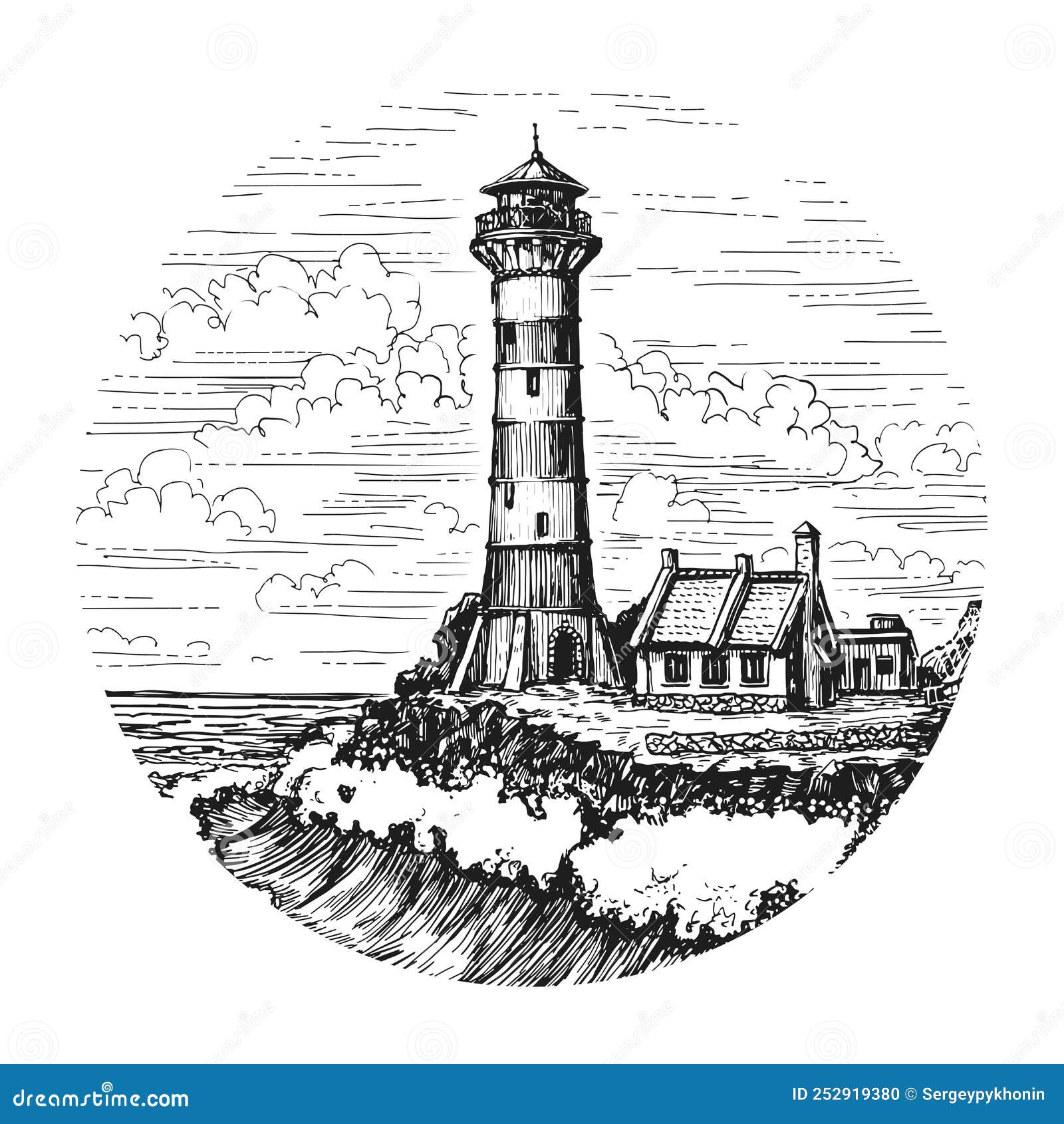 Lighthouse on Seashore. Hand Drawn Sketch Seascape and Waves. Vector ... Lighthouse on Seashore. Hand Drawn Sketch Seascape and Waves. Vector ...