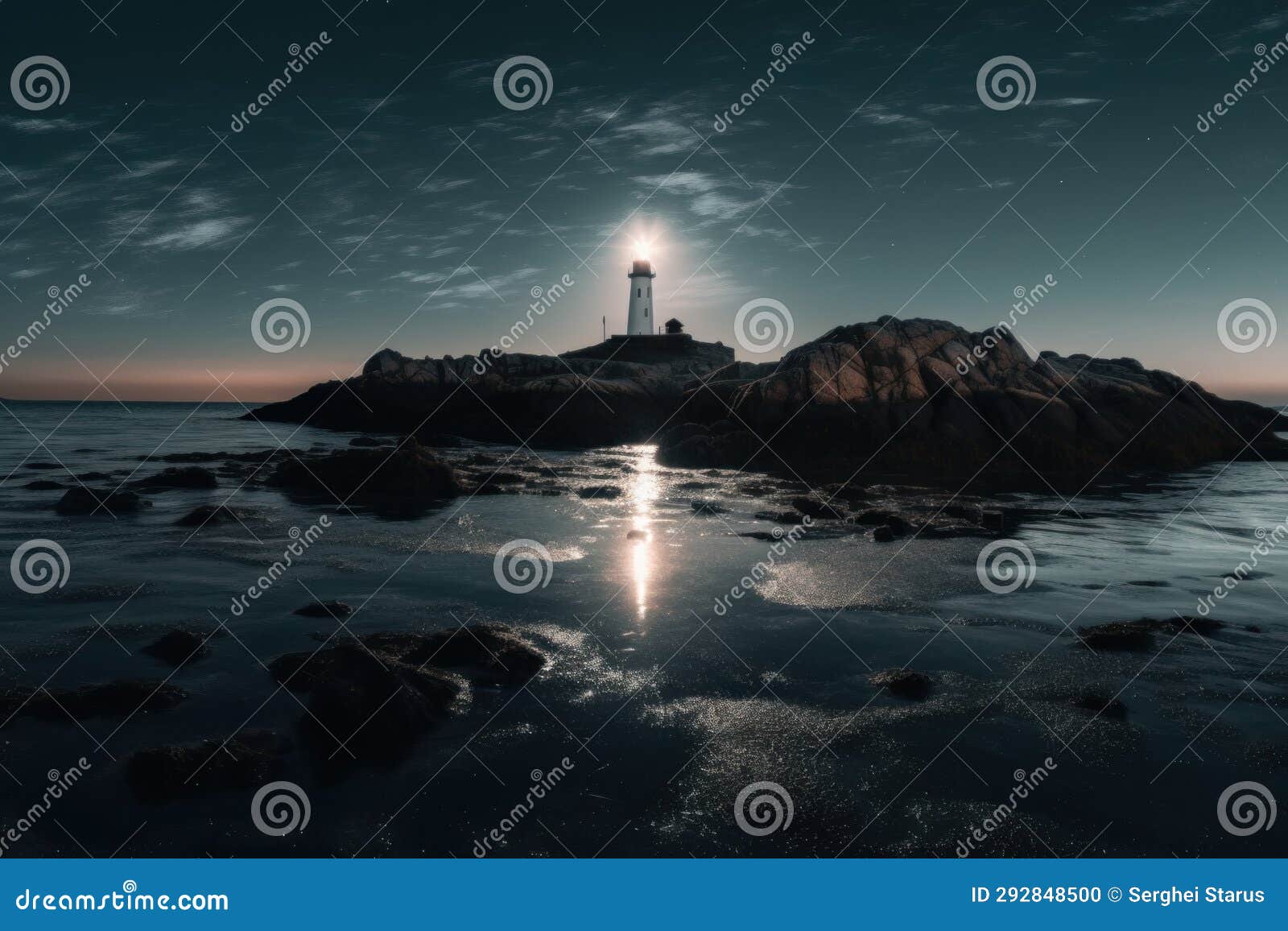 A Lighthouse is Seen in the Distance at Night, AI Stock Photo - Image ...