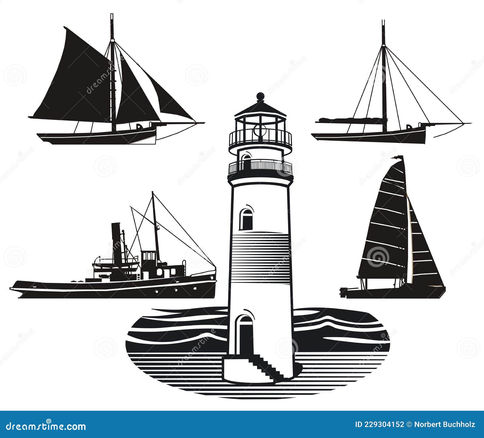 Lighthouse with Ships and Sailing Ships Isolated on White, Illustration ...