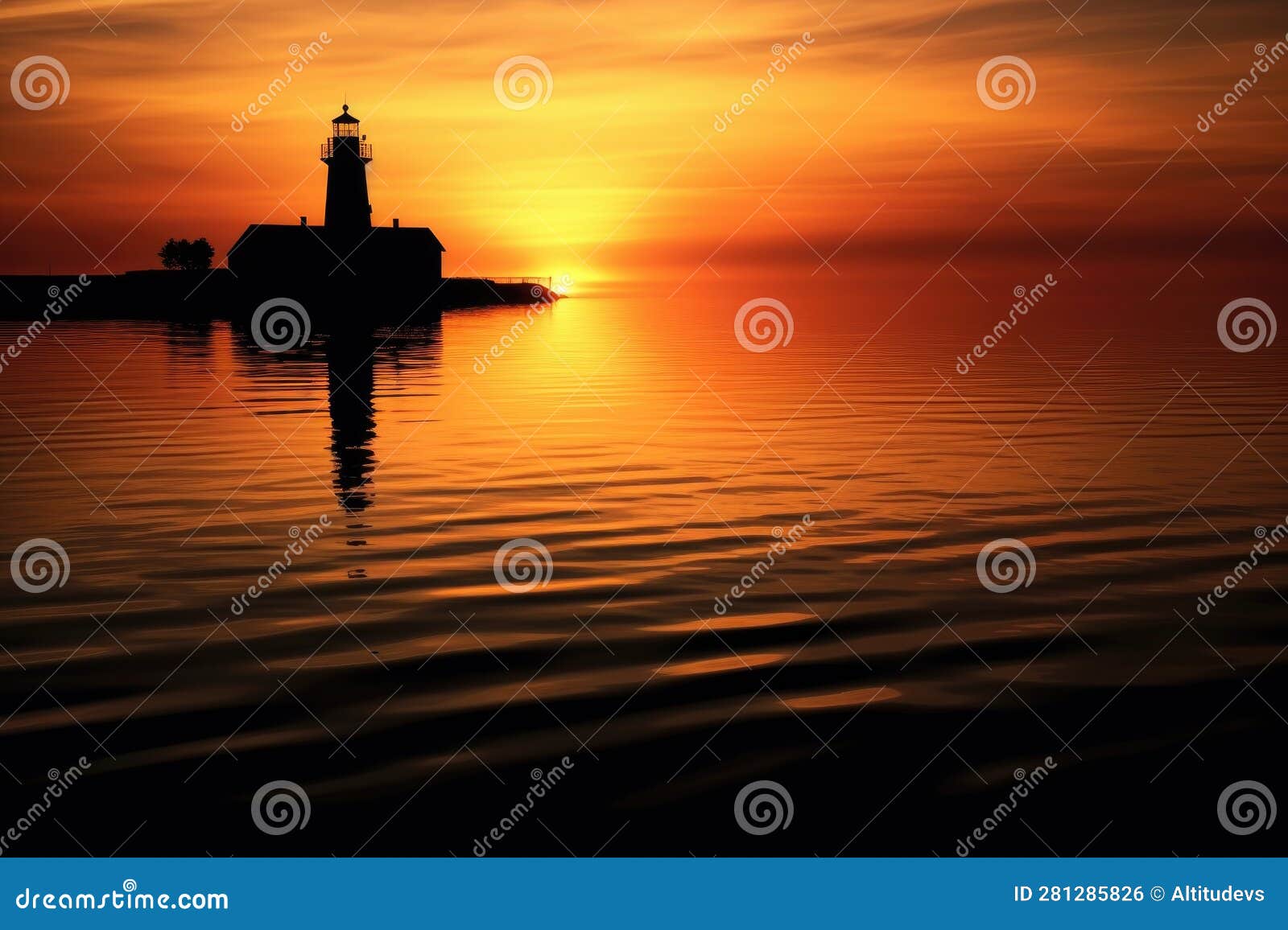 Lighthouse Silhouette Reflecting on Calm Water Surface Stock ...