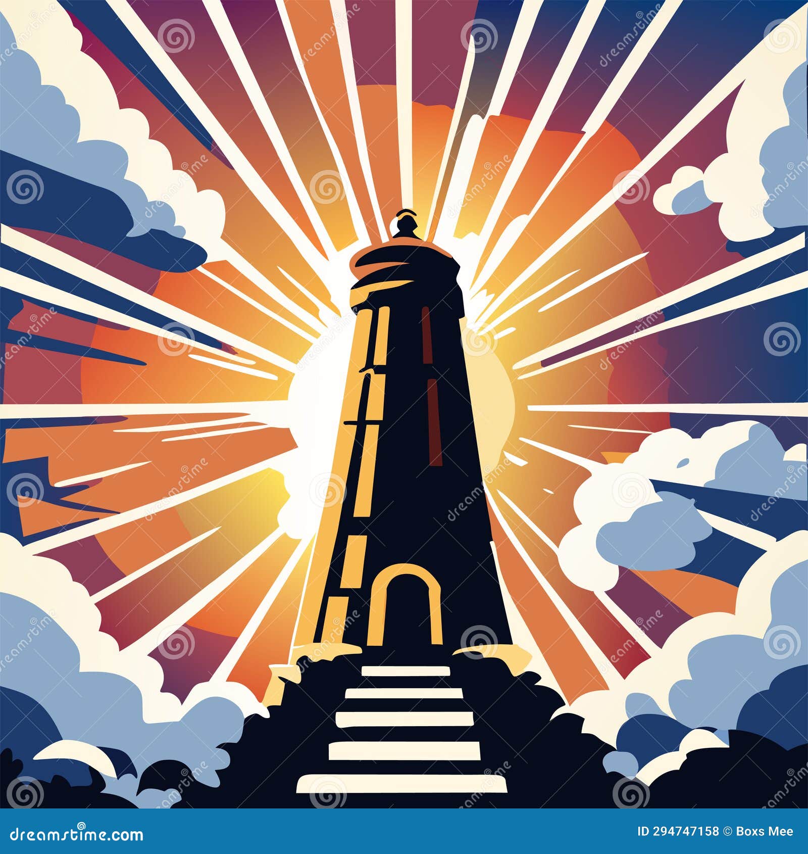 Lighthouse in the Sky with Rays of Light. Vector Illustration Stock ...