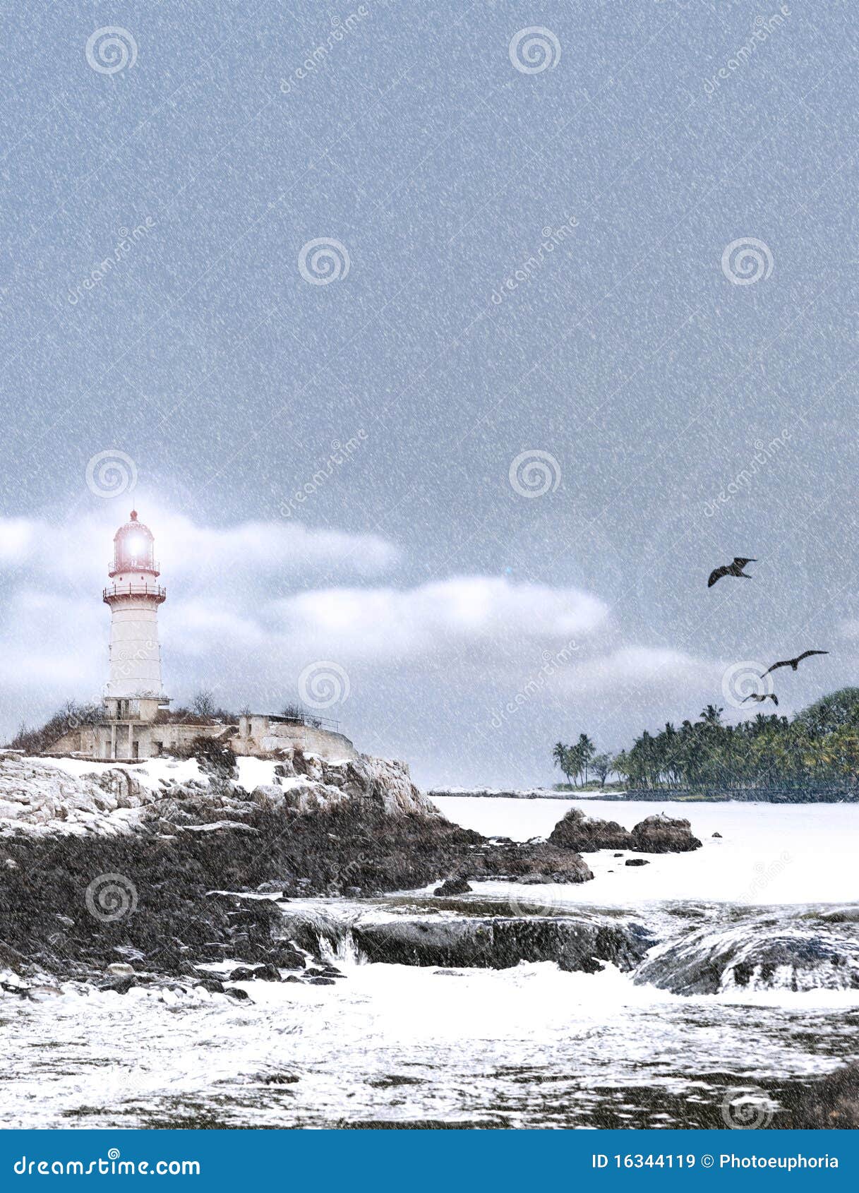 Lighthouse in Snow Storm stock image. Image of house - 16344119