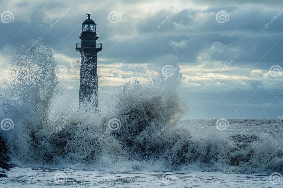 Lighthouse Statue Facing High Tide Waves Stock Illustration ...