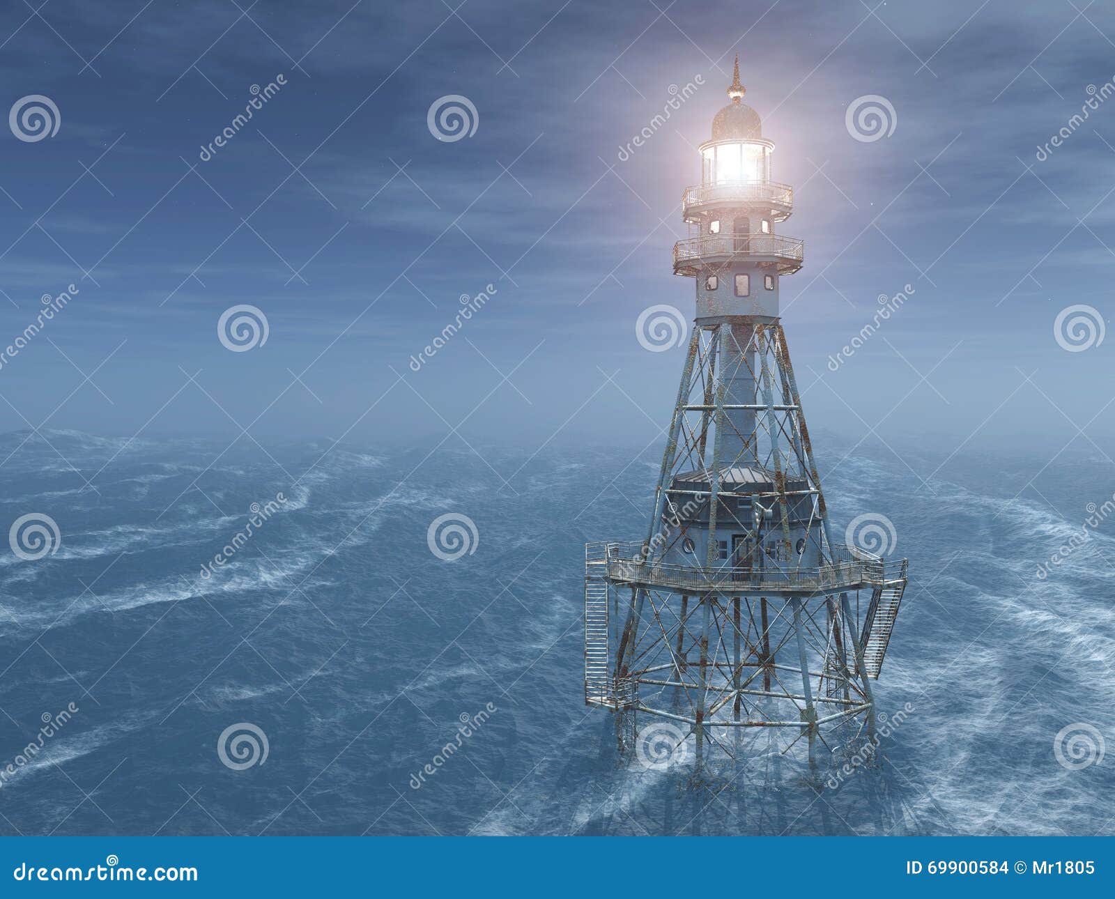 Lighthouse in the Stormy Ocean at Night Stock Illustration ...