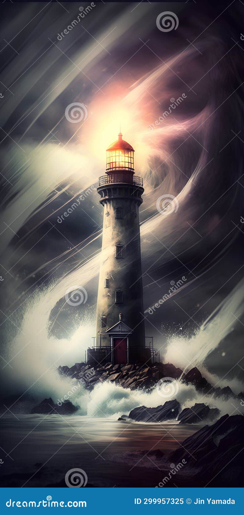 Lighthouse in Stormy Sea with Light Rays, 3d Render Stock Illustration ...