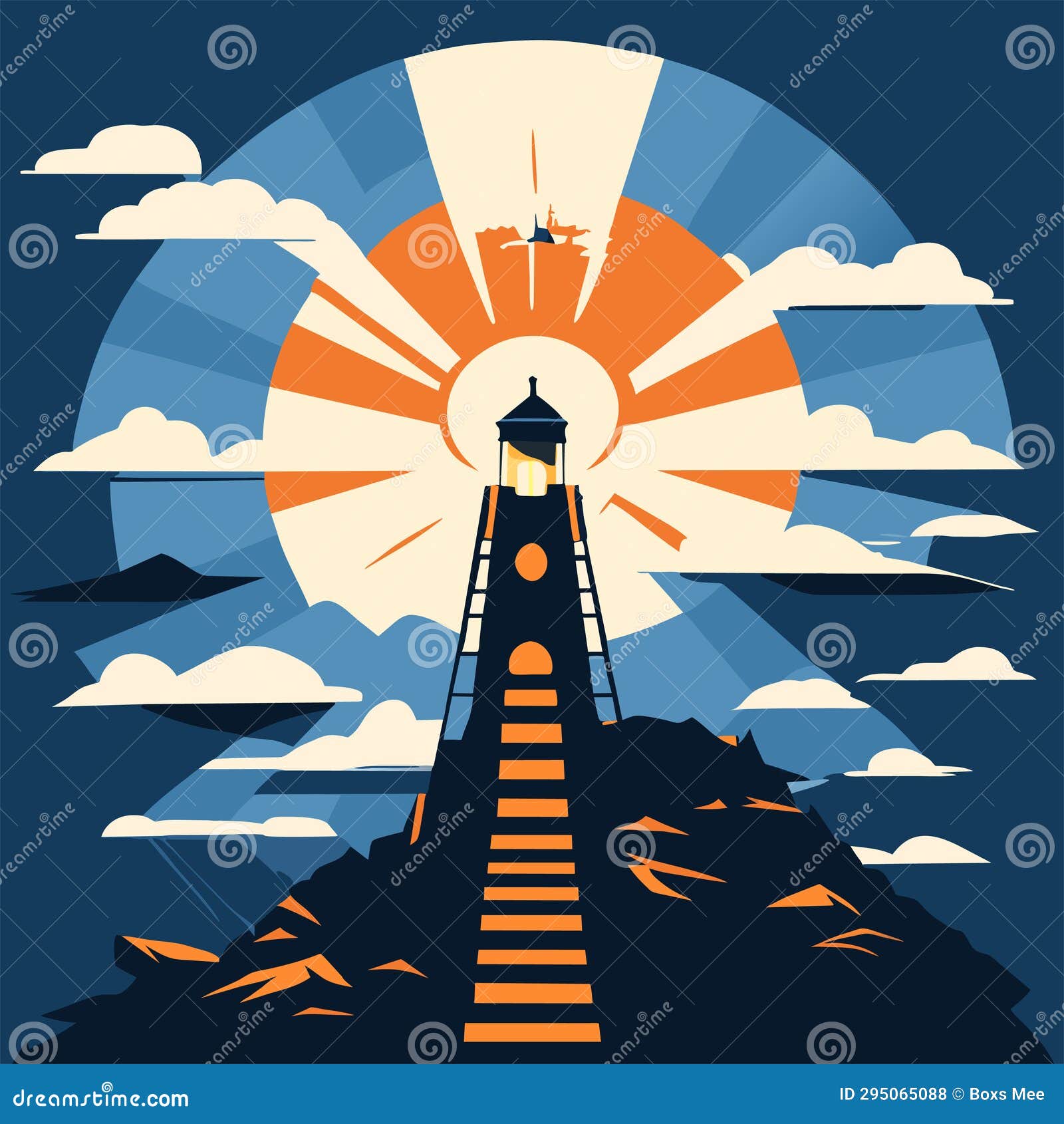 Lighthouse with Sun and Clouds. Vector Illustration in Flat Style Stock ...