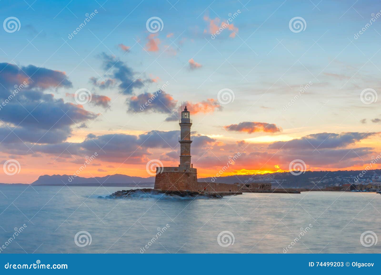 Lighthouse at Sunset, Chania, Crete, Greece Stock Image - Image of ...