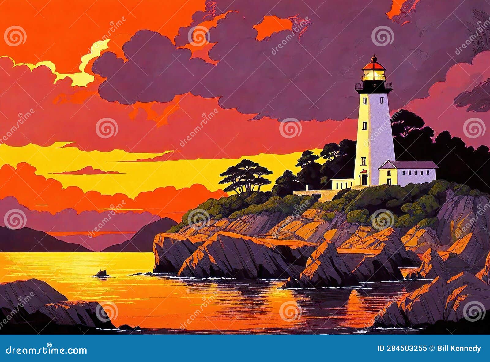Lighthouse Sunset with Clouds and Waves Created with Generative AI ...