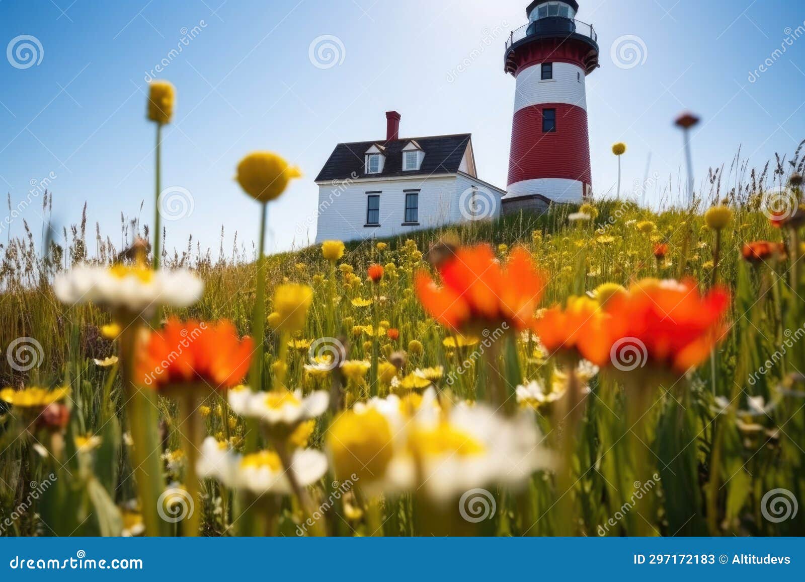 Lighthouse Surrounded by Spring Wildflowers Stock Image - Image of ...