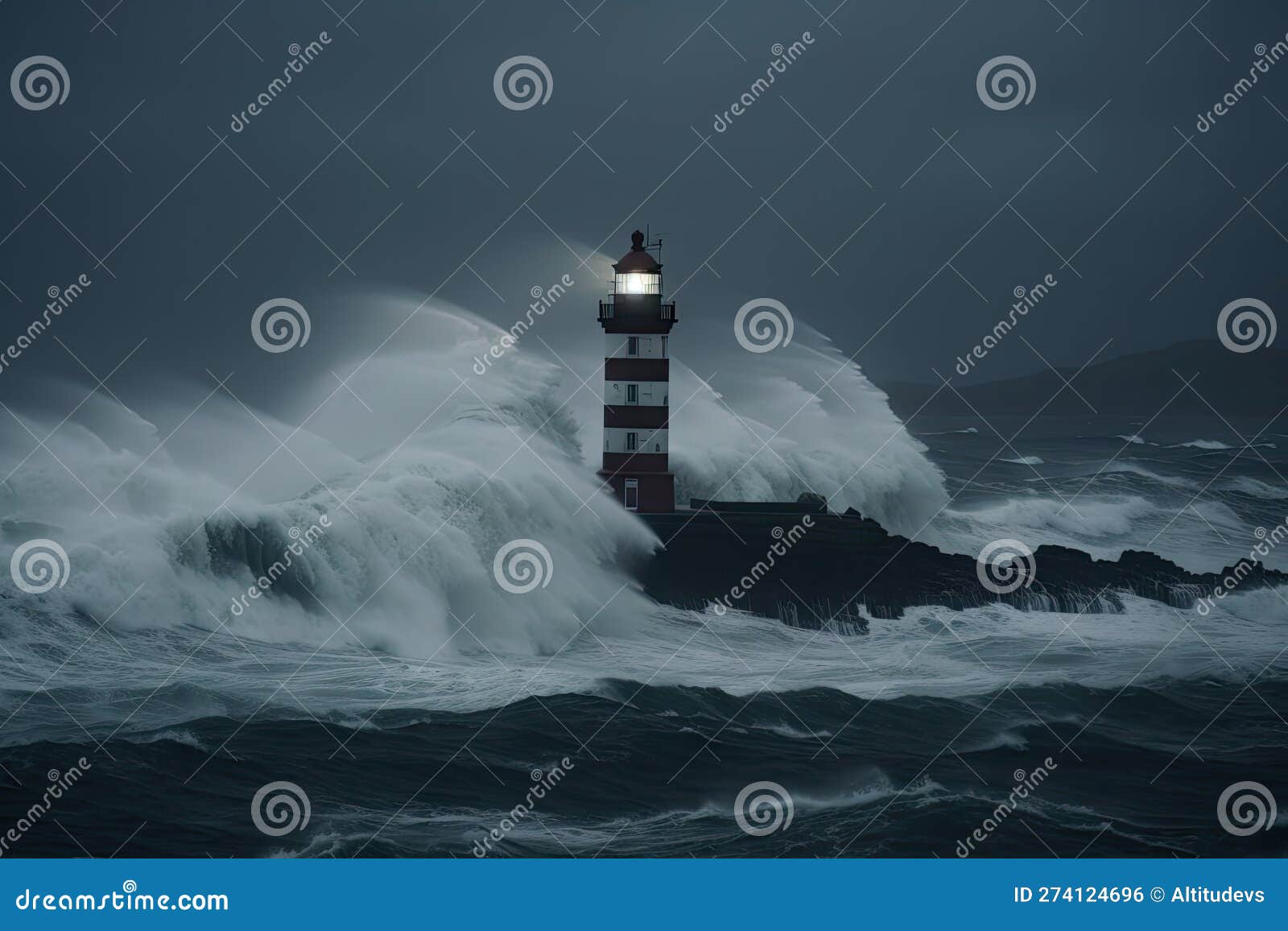 Lighthouse Surrounded by Stormy Waves, with Lightning Flashing Stock ...