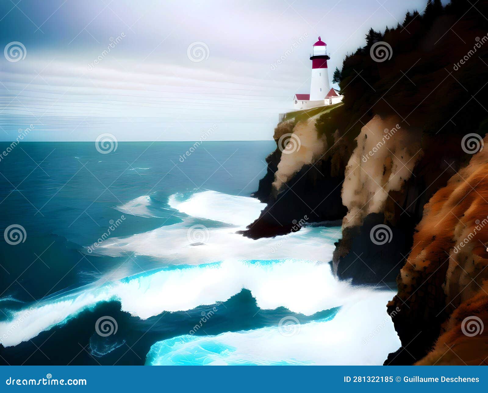 A Lighthouse on Top of a Cliff with Rough Seas Stock Illustration ...