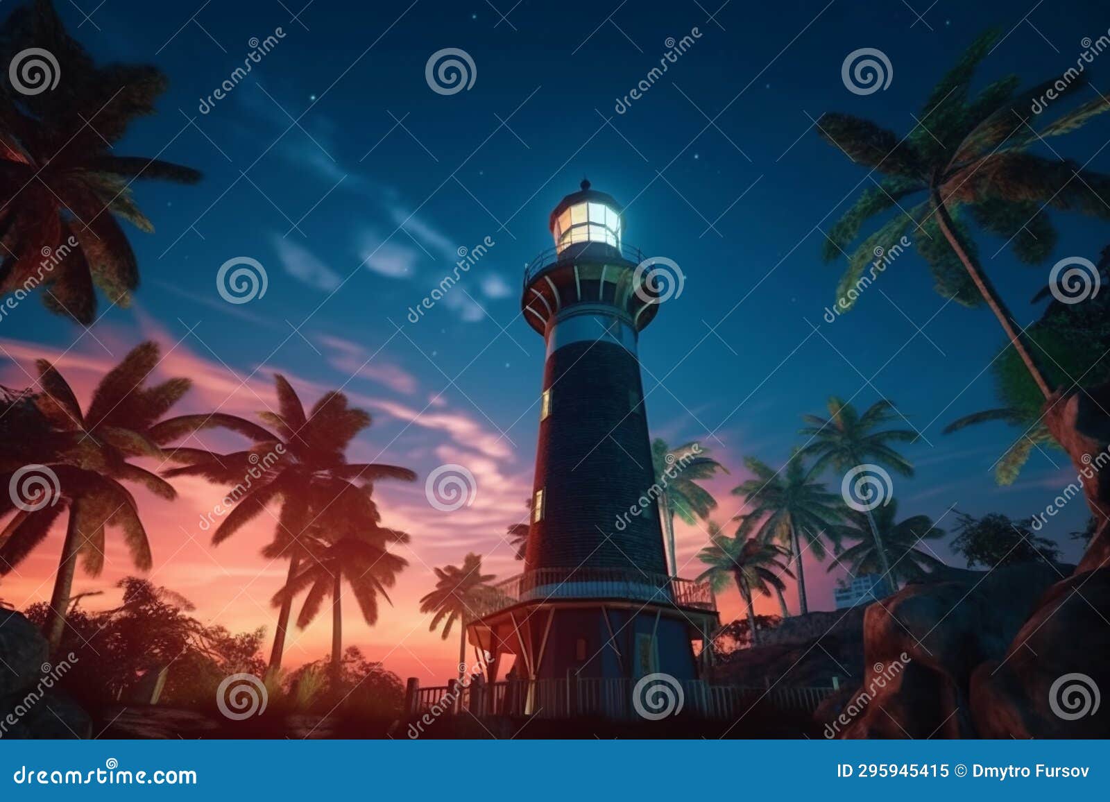 Lighthouse on a Tropical Island at Night Stock Image - Image of shore ...
