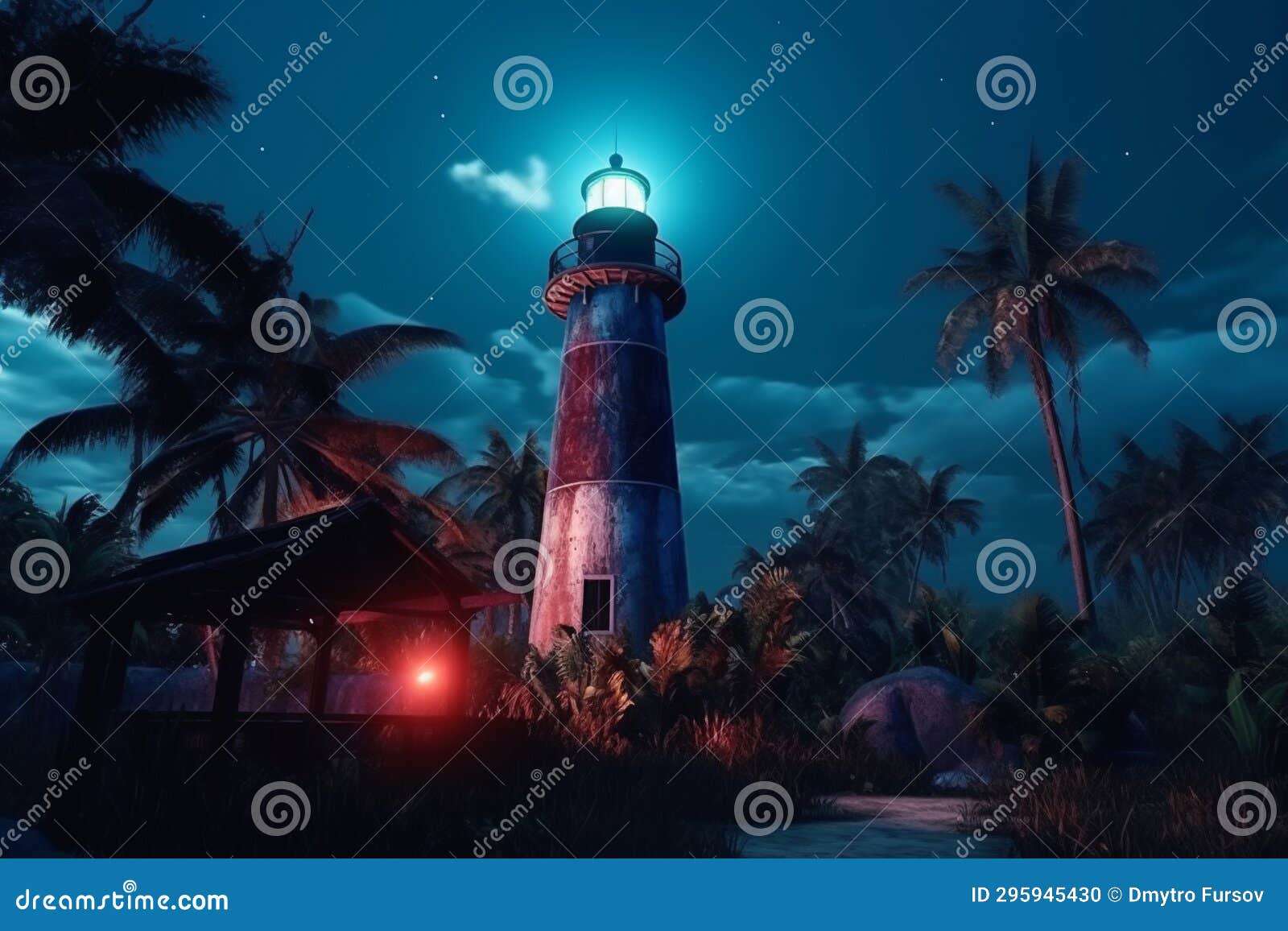 Lighthouse on a Tropical Island at Night Stock Photo - Image of marine ...