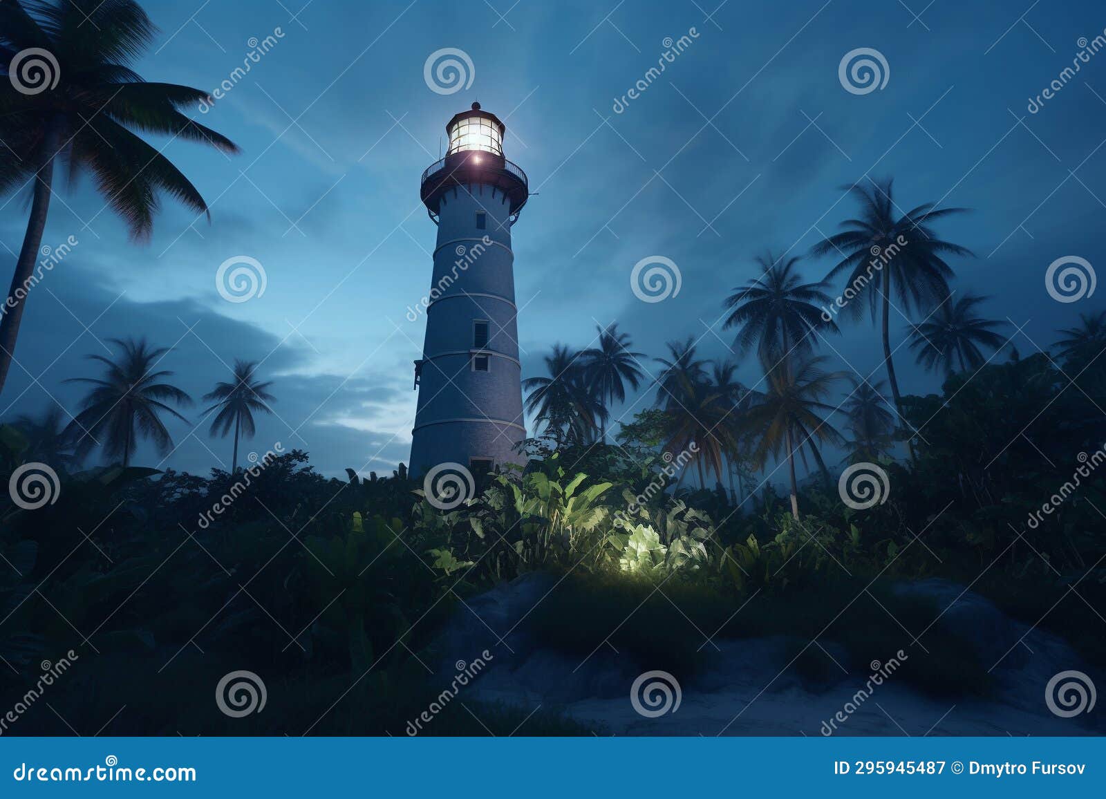 Lighthouse on a Tropical Island at Night Stock Illustration ...