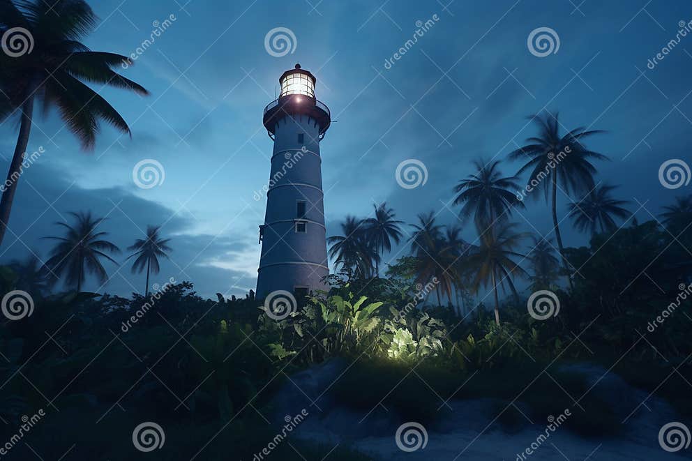Lighthouse on a Tropical Island at Night Stock Image - Image of shore ...