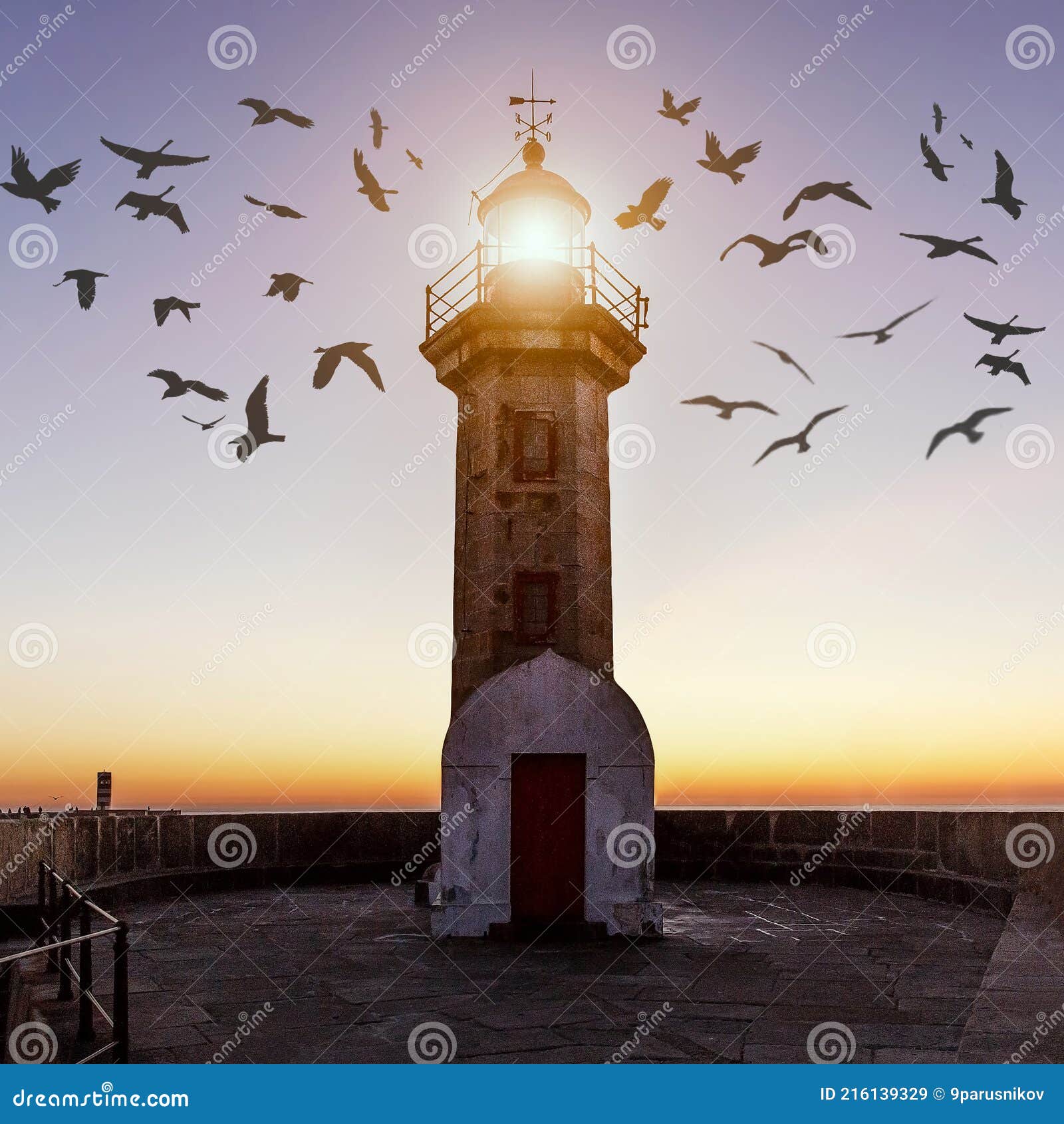 The Lighthouse with Turned Light and Flying Birds Around.. Stock Image ...