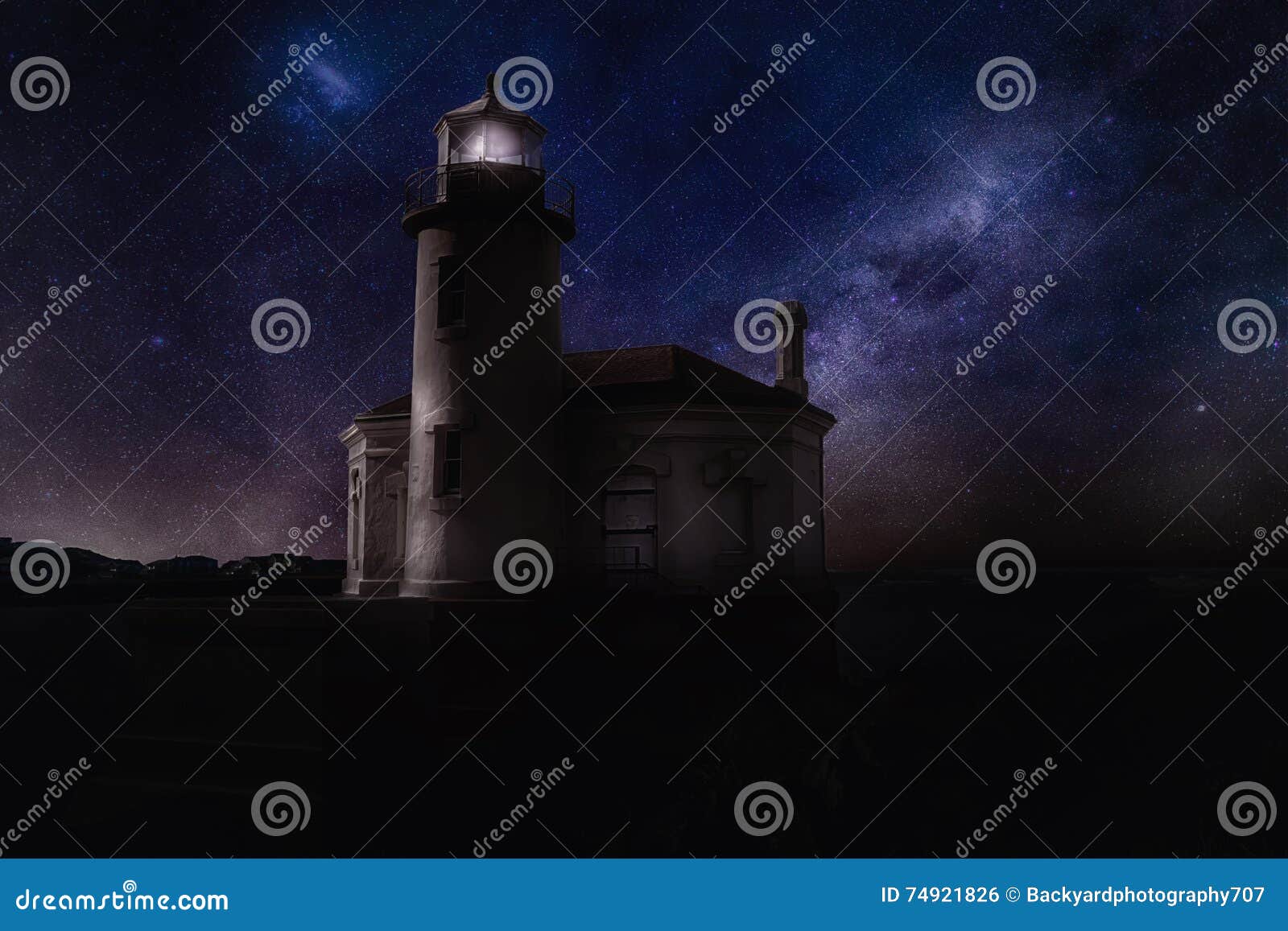 Lighthouse Under the Stars stock photo. Image of water - 74921826