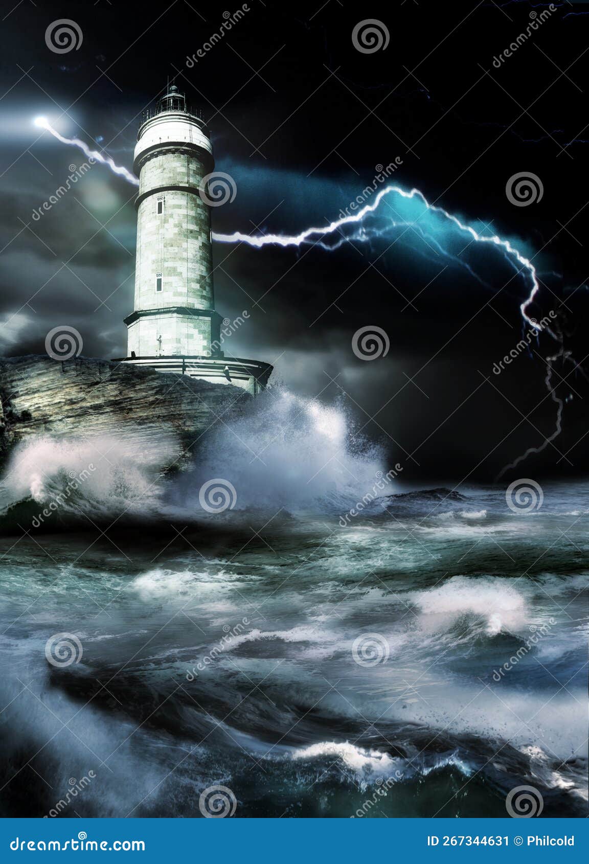 Lighthouse under the storm stock illustration. Illustration of furious ...