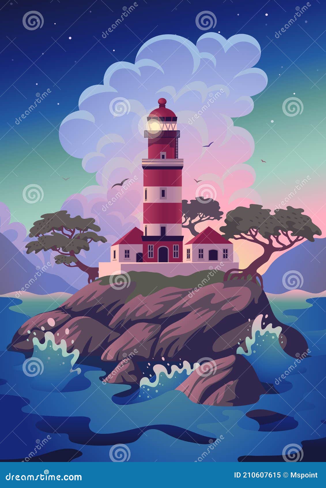 Lighthouse - Vector Landscape. Sea Landscape With Beacon On The Cliff ...