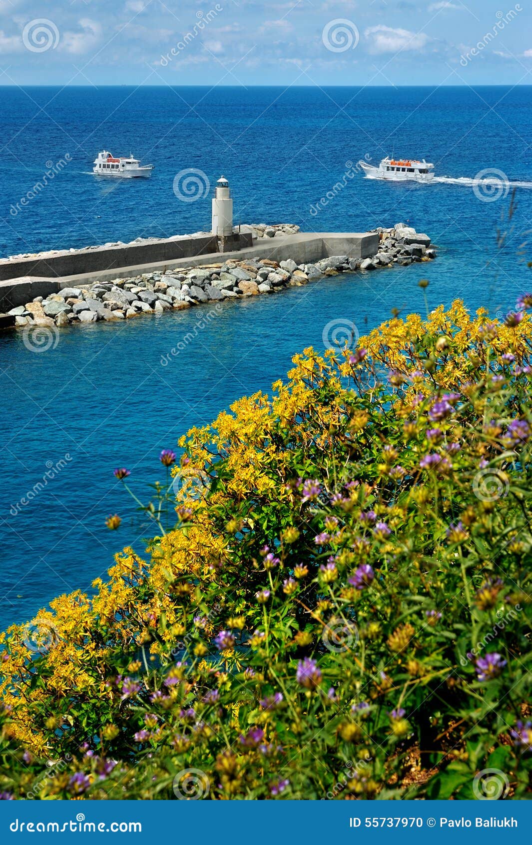 Lighthouse with Yellow Flowers Stock Photo - Image of lighthouse ...