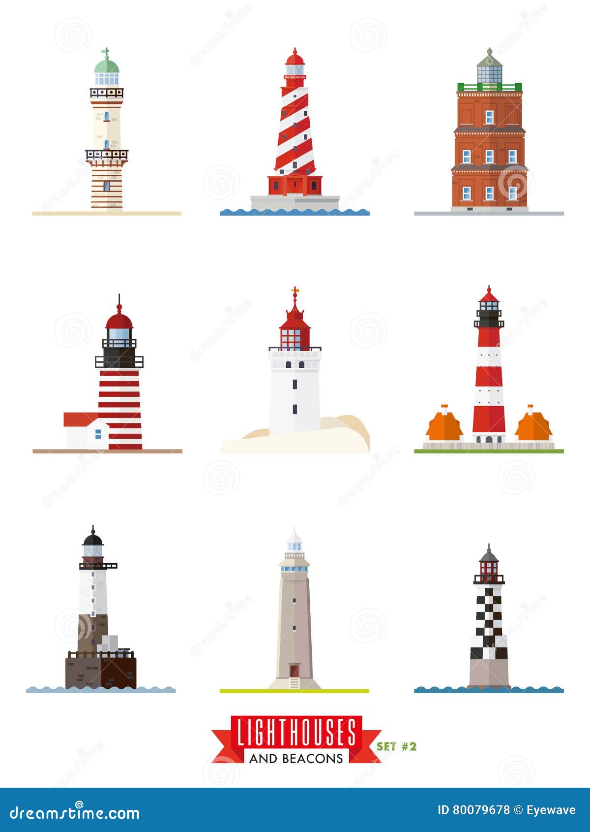Lighthouses Flat Design Icons Set 2 Stock Vector - Illustration of ...