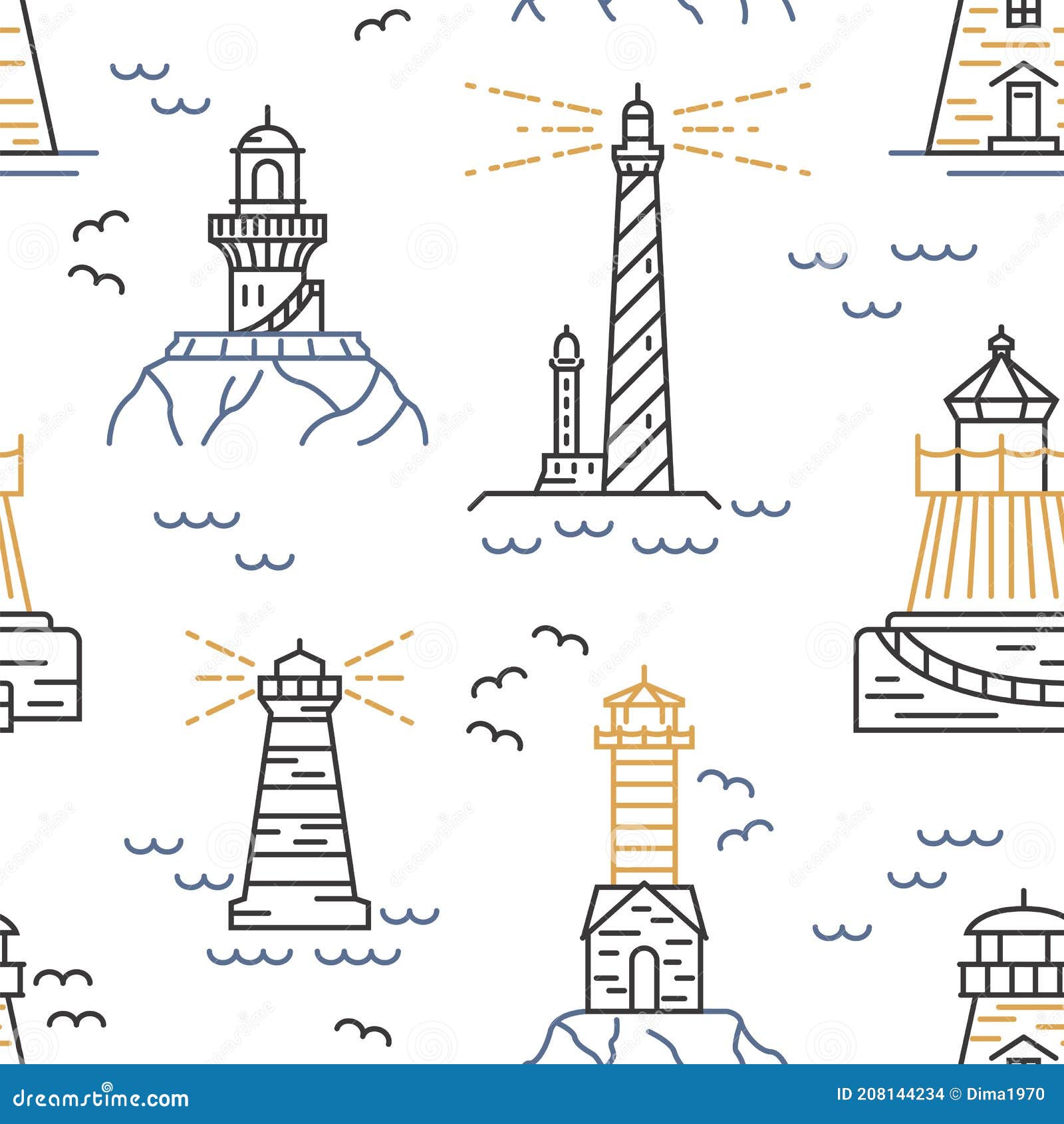 Lighthouses Seamless Pattern. Thin Line Vector Design Stock Vector ...