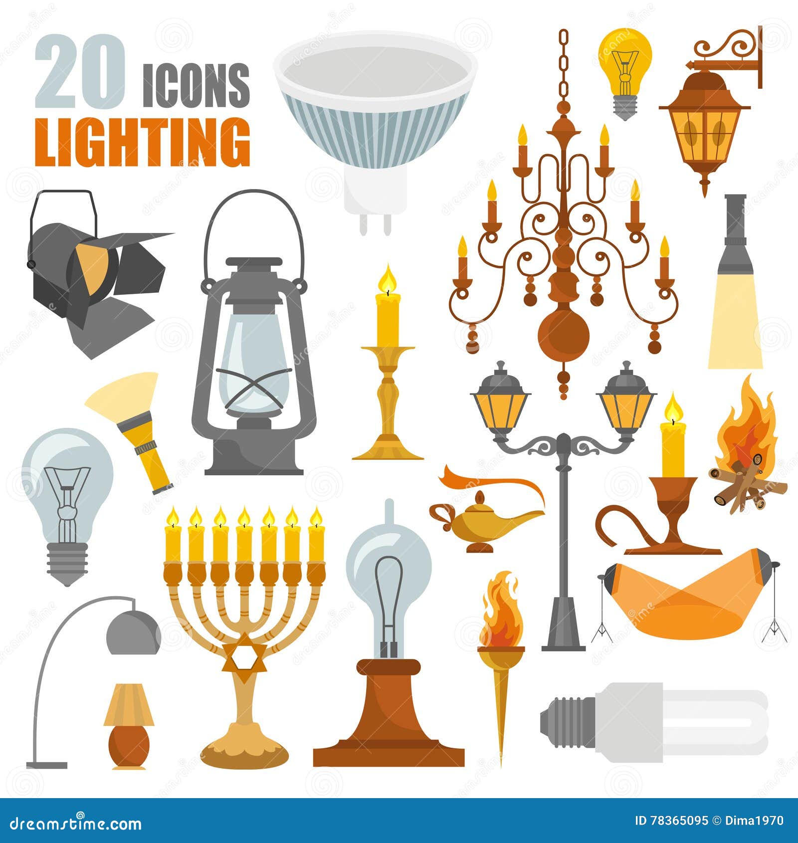 Lighting elements icon set stock vector. Illustration of kerosine ...