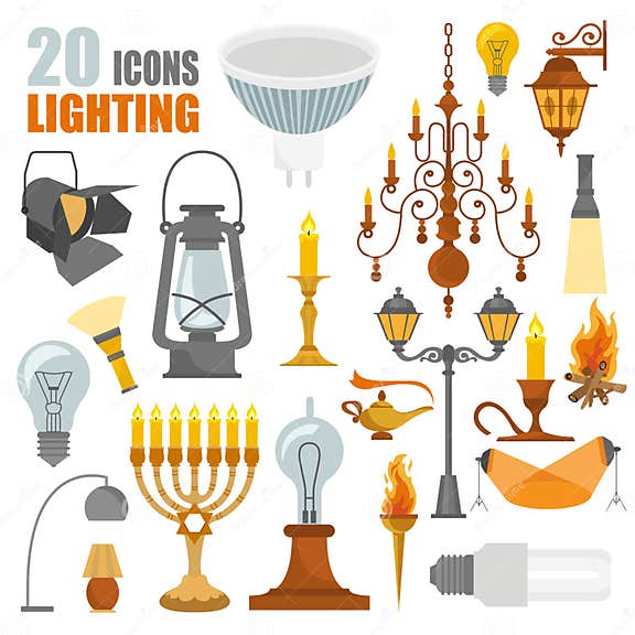 Lighting elements icon set stock vector. Illustration of kerosine ...