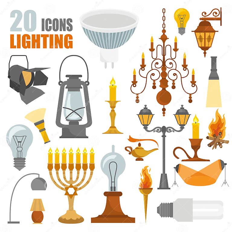 Lighting elements icon set stock vector. Illustration of kerosine ...