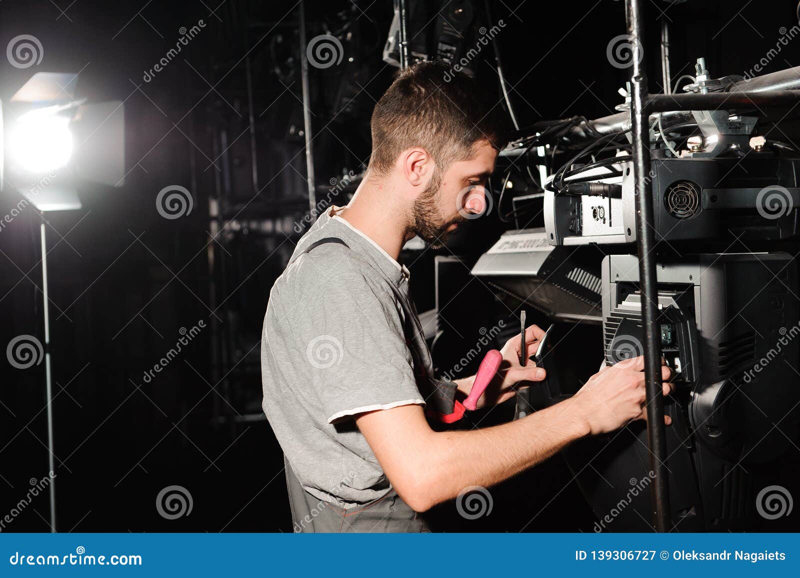 The Lighting Engineer Adjusts the Lights on the Stage. Stock Image ...