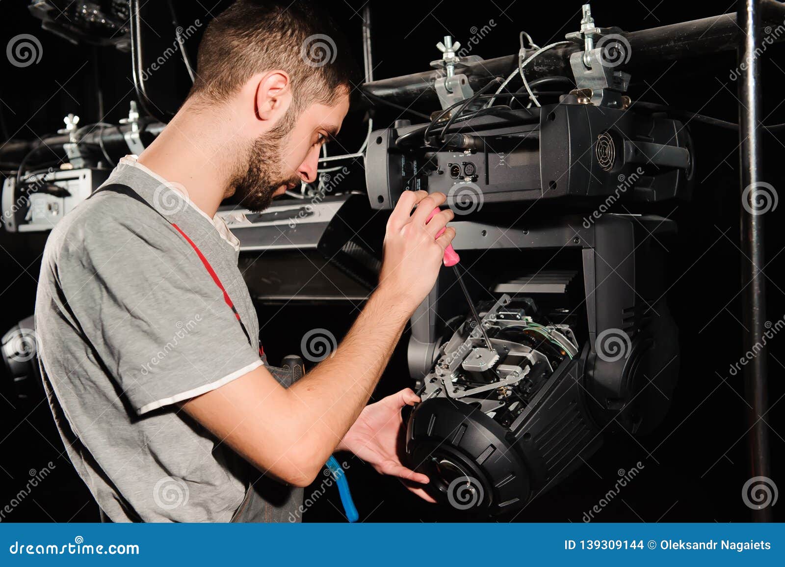 The Lighting Engineer Adjusts the Lights on the Stage. Stock Photo ...