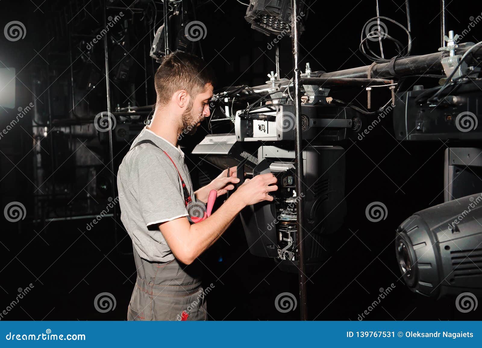 The Lighting Engineer Adjusts the Lights on the Stage. Stock Image ...